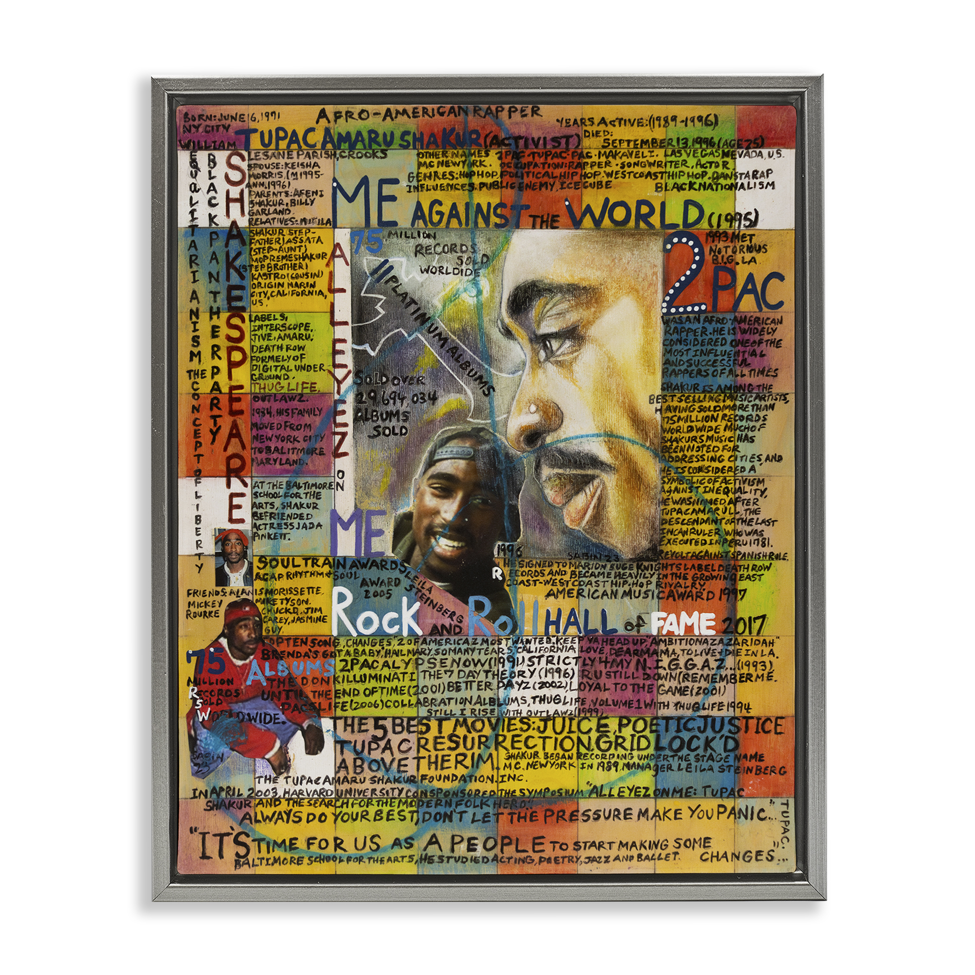 Stupell Industries Tupac Musician Collage People Drawing Gray Floater ...