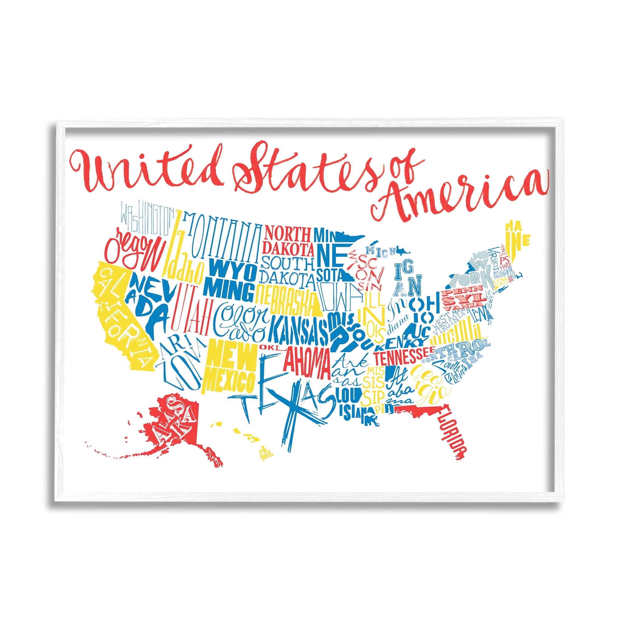 Stupell Industries USA Typography Map Art for Kids White Framed Wall ...