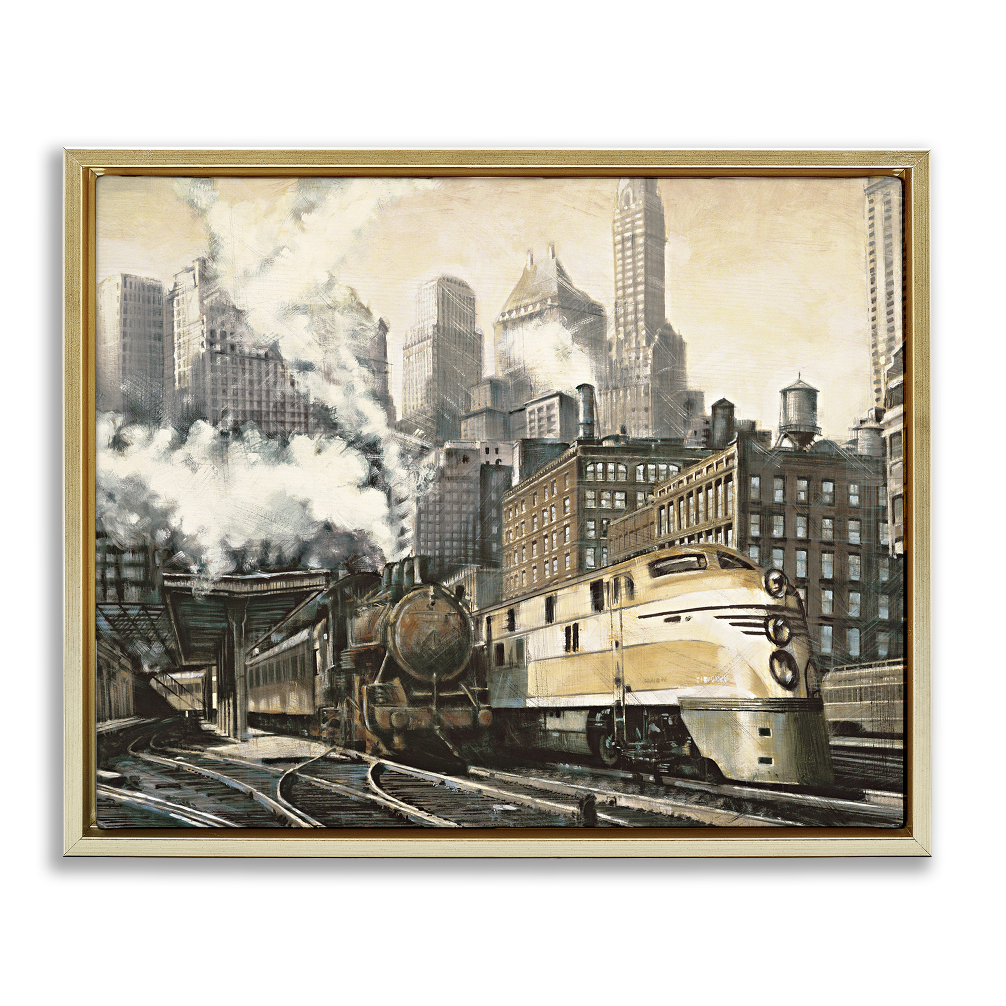 Stupell Industries Urban Steam Train Scenery Painting Gold Floater ...