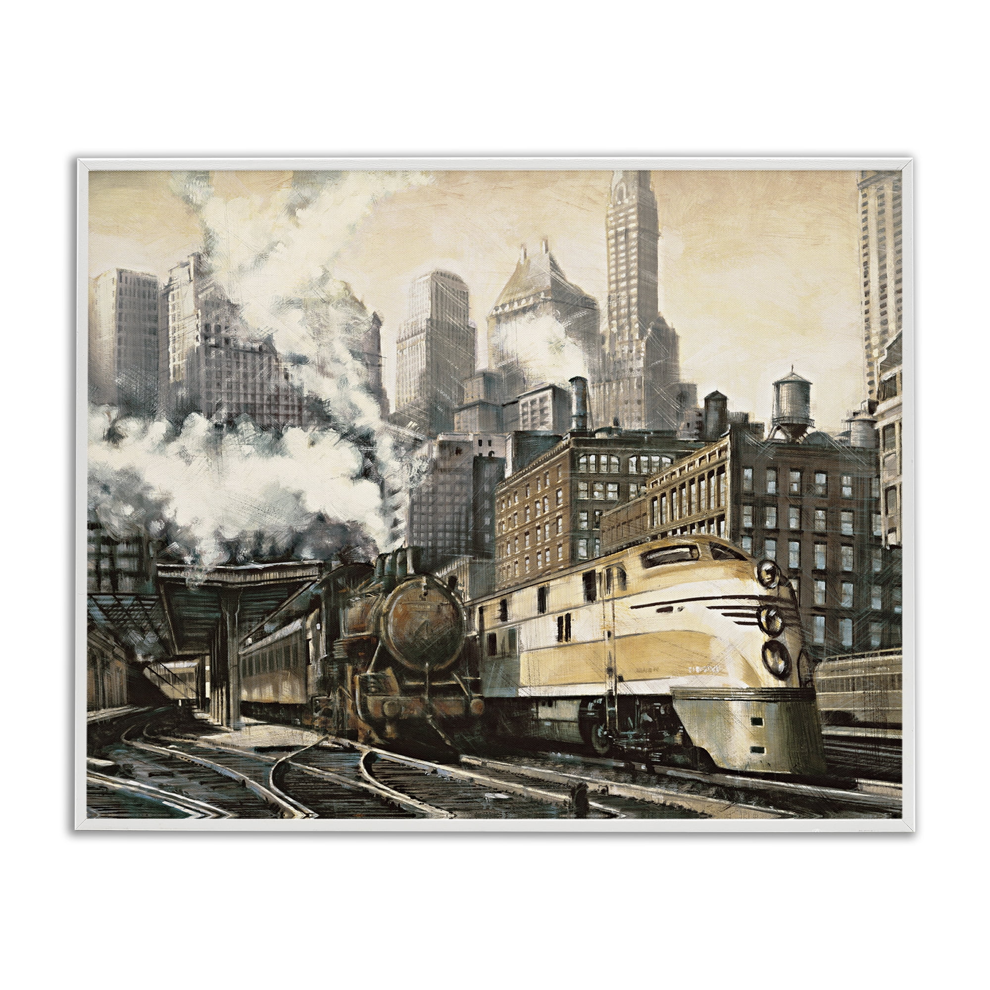 Stupell Industries Urban Steam Train Scenery Painting White Framed Art ...