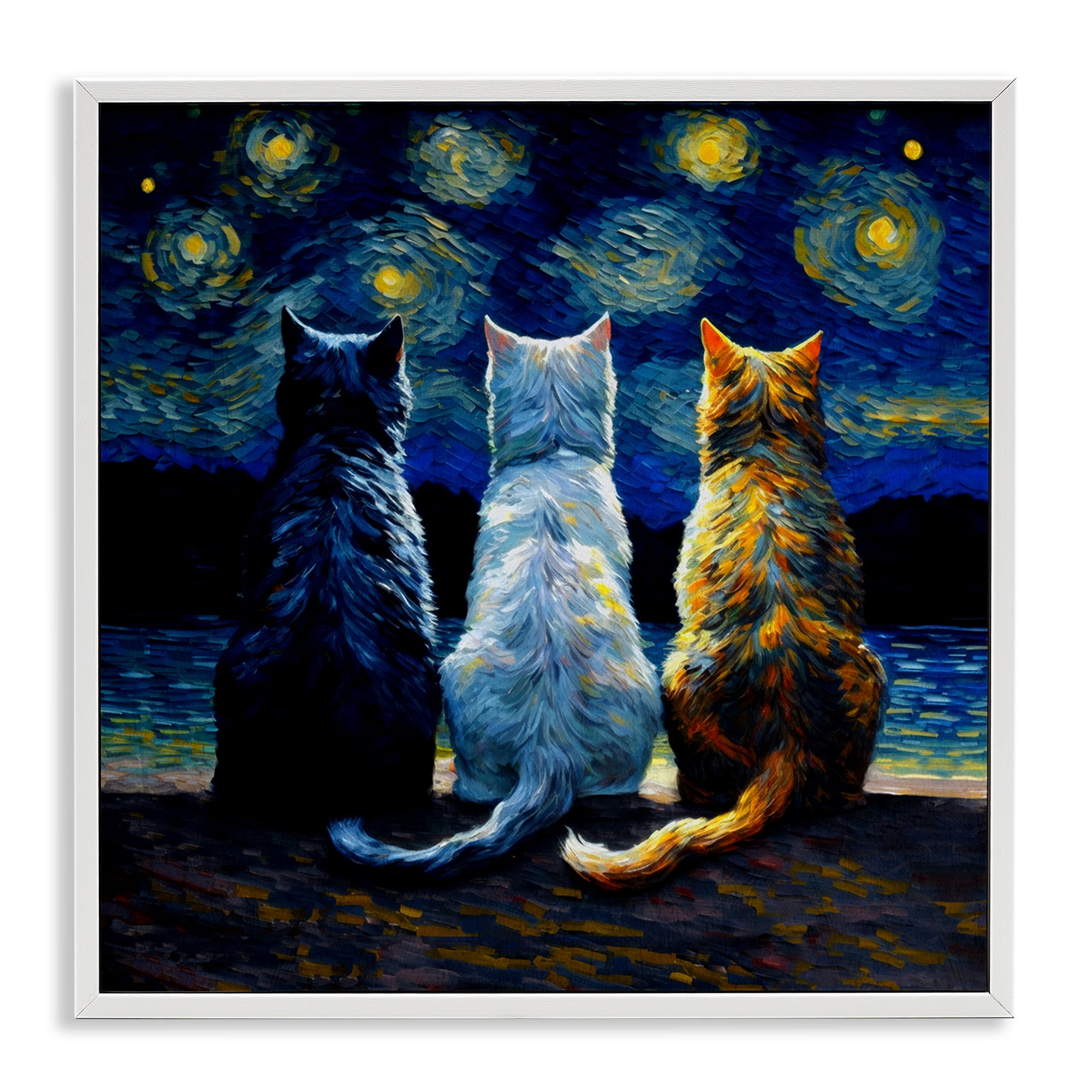 Stupell Industries Van Gogh Style Cats Animals Painting White Framed ...