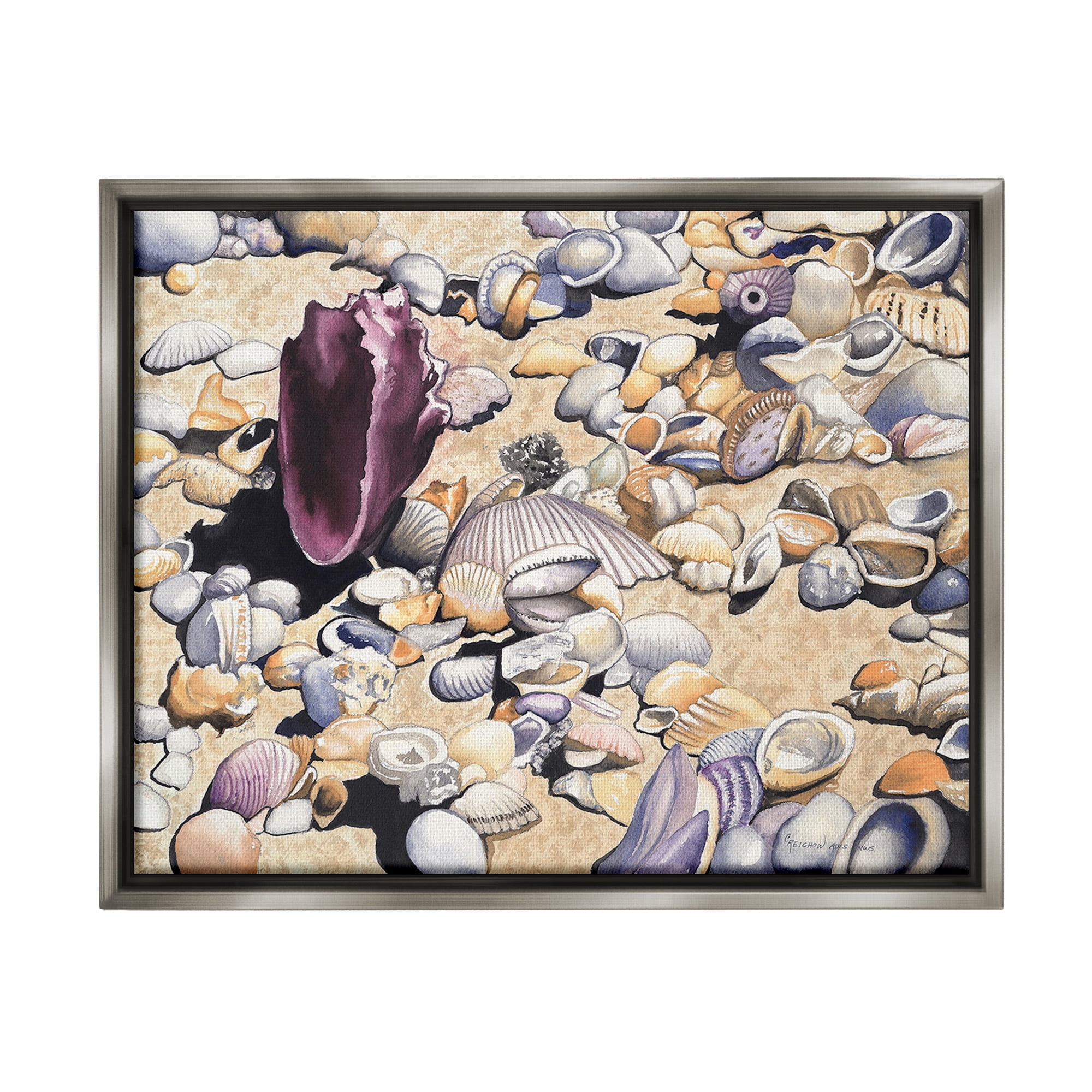 Stupell Industries Various Seashells on Coast Landscape Painting Gray Floater Framed Canvas Art ...