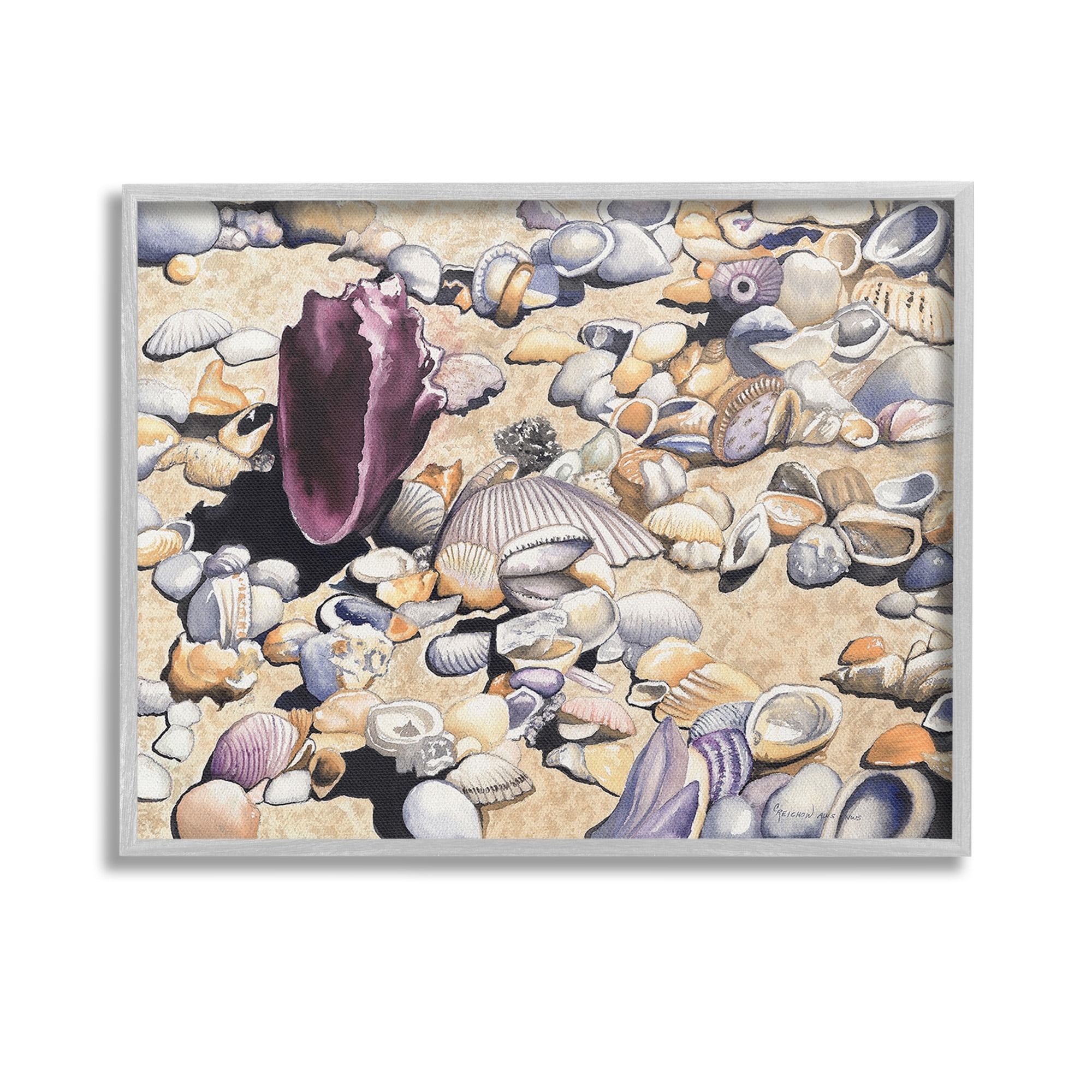 Stupell Industries Various Seashells on Coast Landscape Painting Gray ...