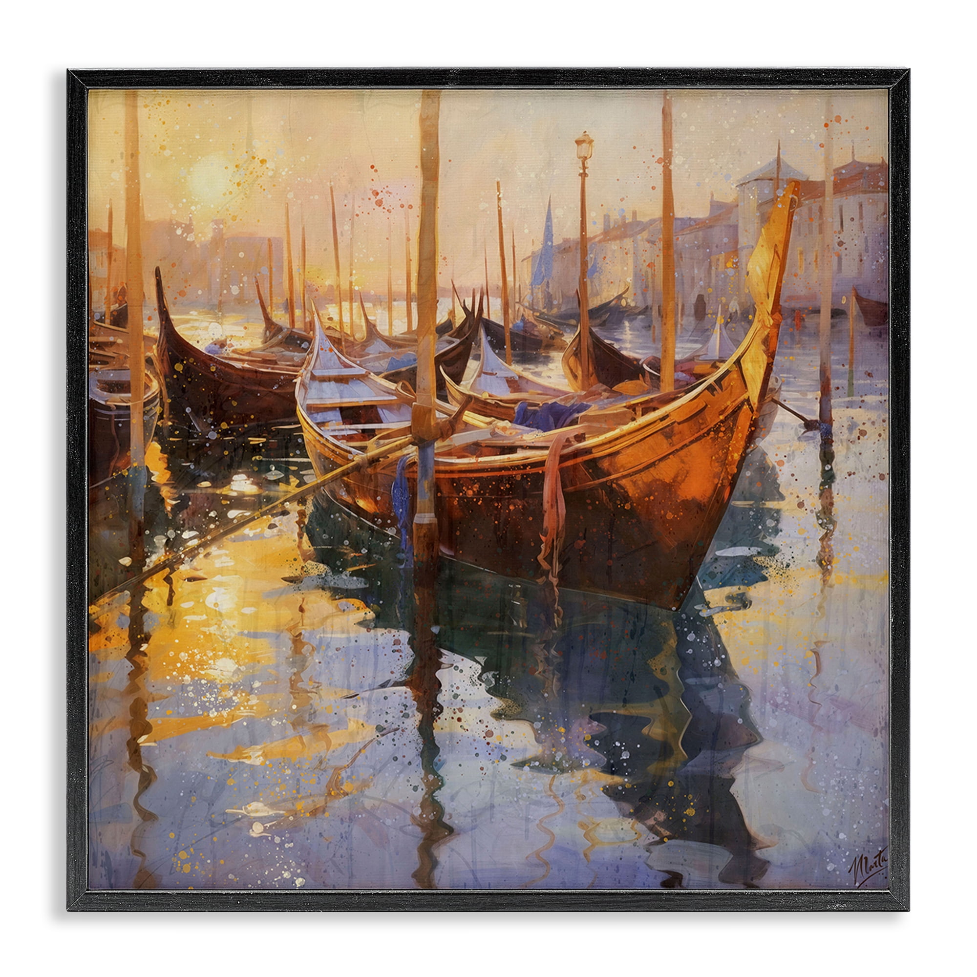 Stupell Industries Venetian Gondolas in Golden Light Black Framed ...