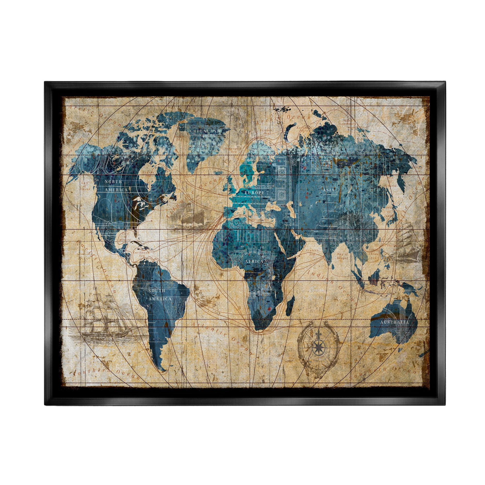 Stupell Industries Vintage Abstract World Map Design Jet Black Framed ...