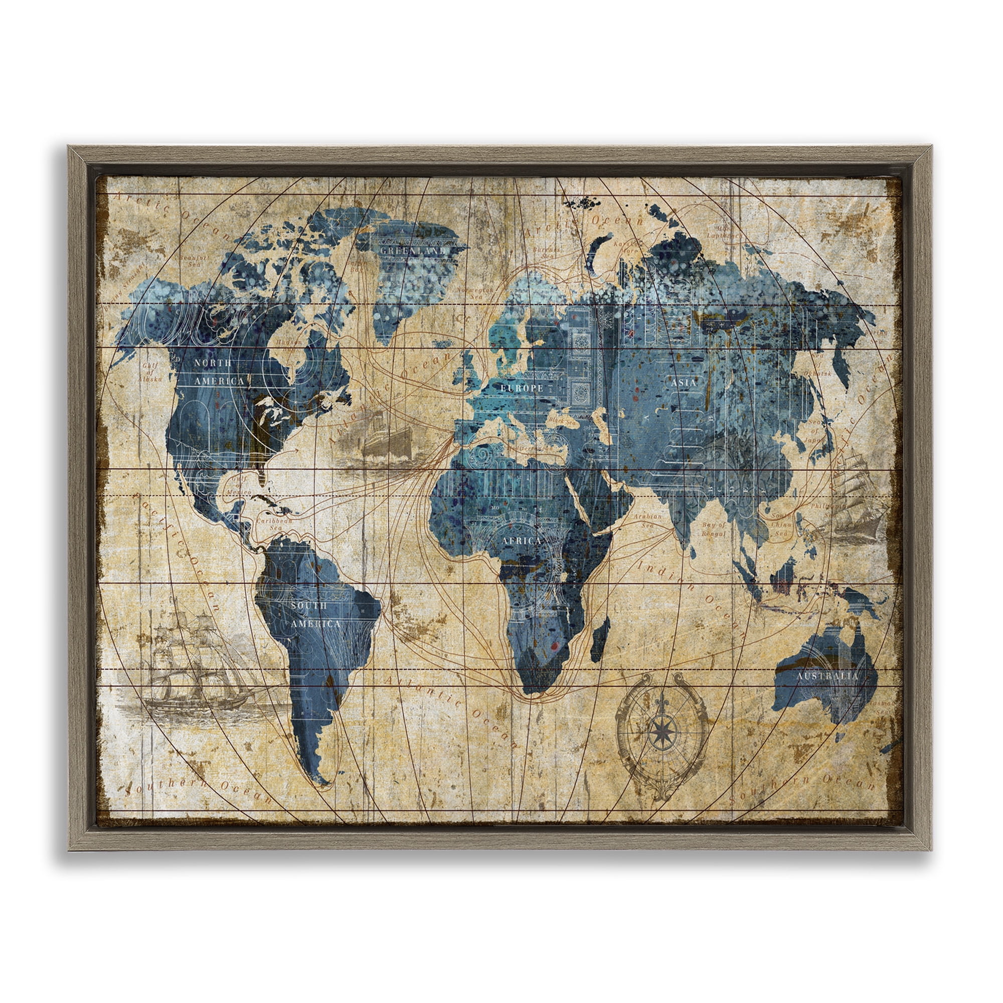 Stupell Industries Vintage Abstract World Map - Framed Canvas - Walmart.com