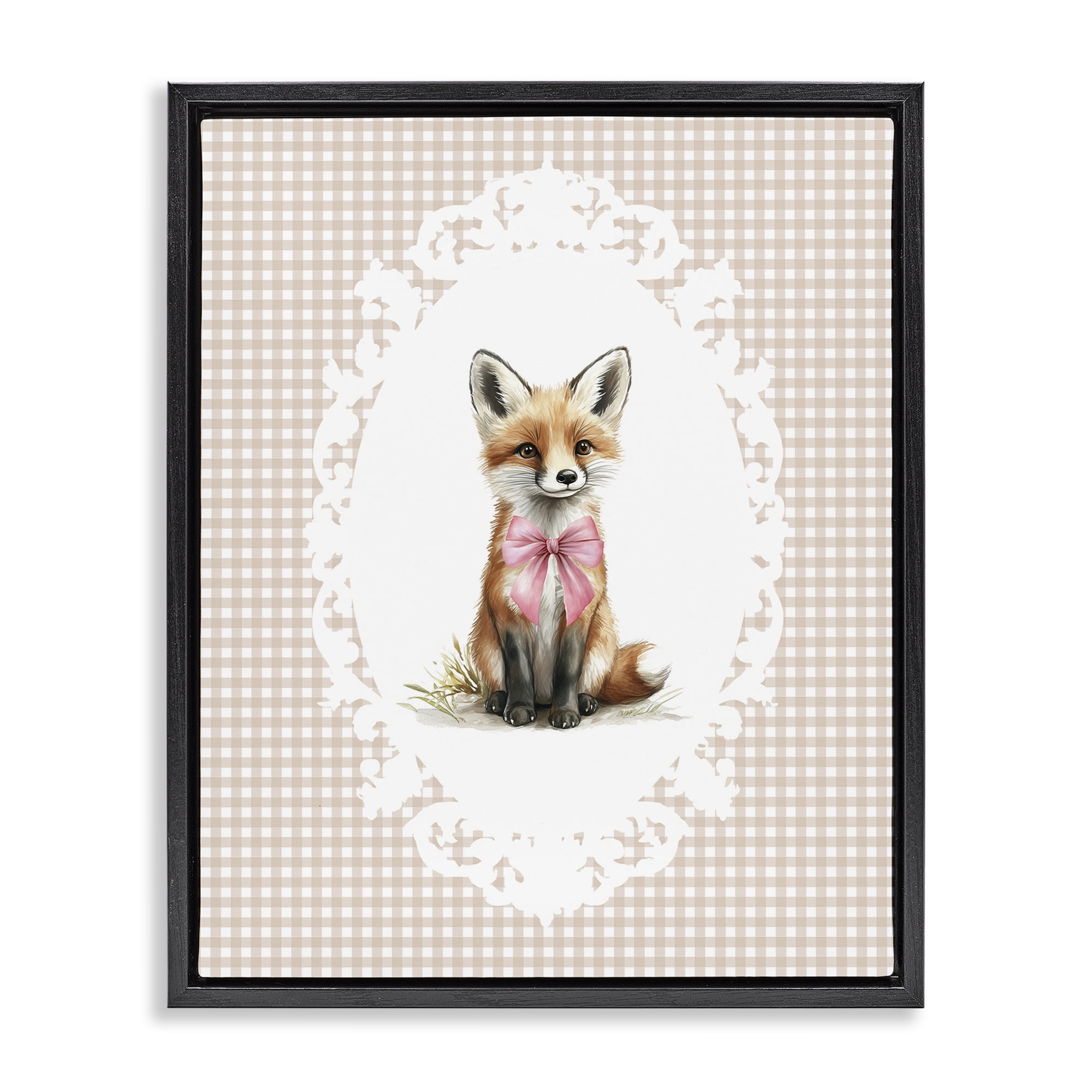 Stupell Industries Vintage Bow Fox on Gingham Black Framed Floater ...