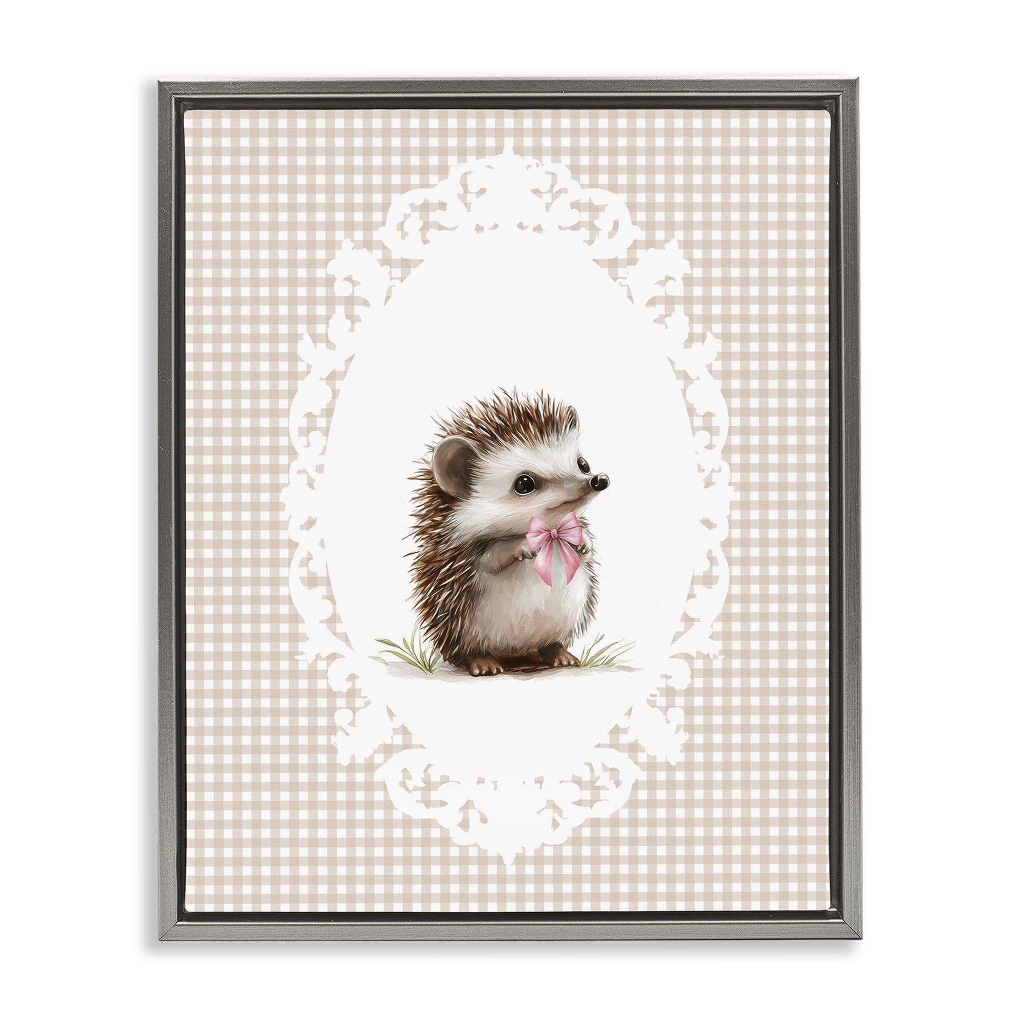 Stupell Industries Vintage Bow Hedgehog on Gingham Gray Framed Floater ...