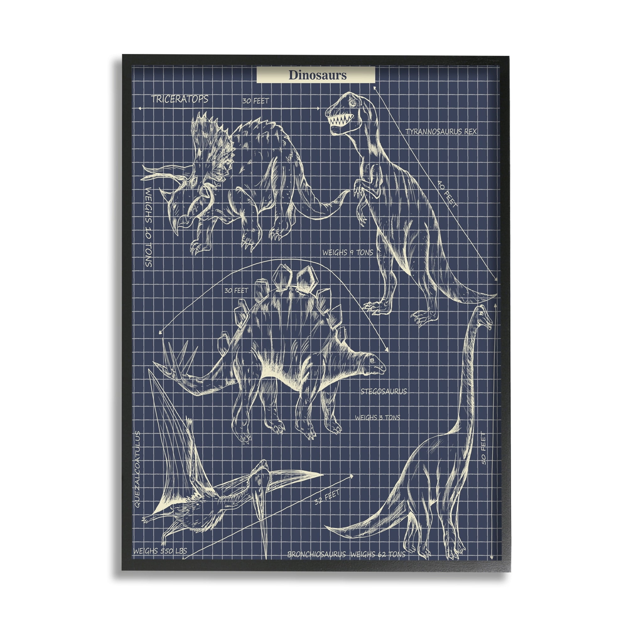Stupell Industries Vintage Dinosaur Blueprints Dino Fact Graph Black ...