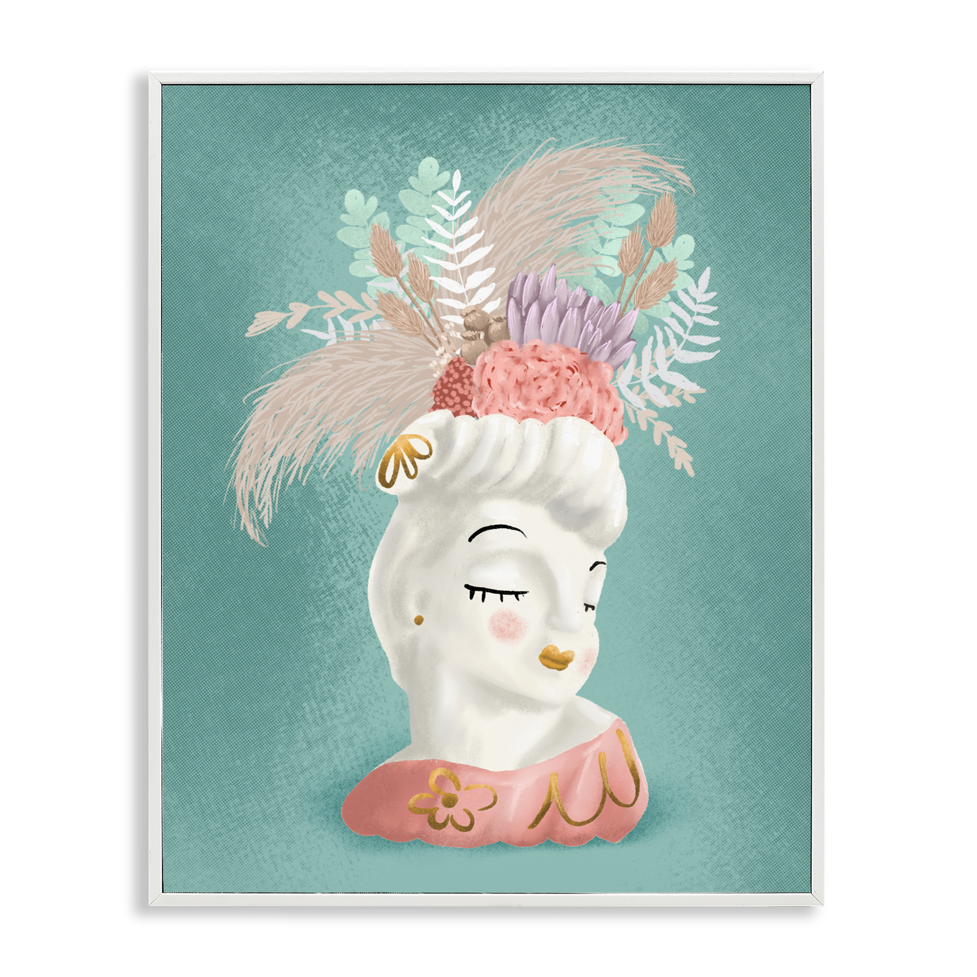 Stupell Industries Vintage Lady with Boho Flowers White Framed Giclee ...