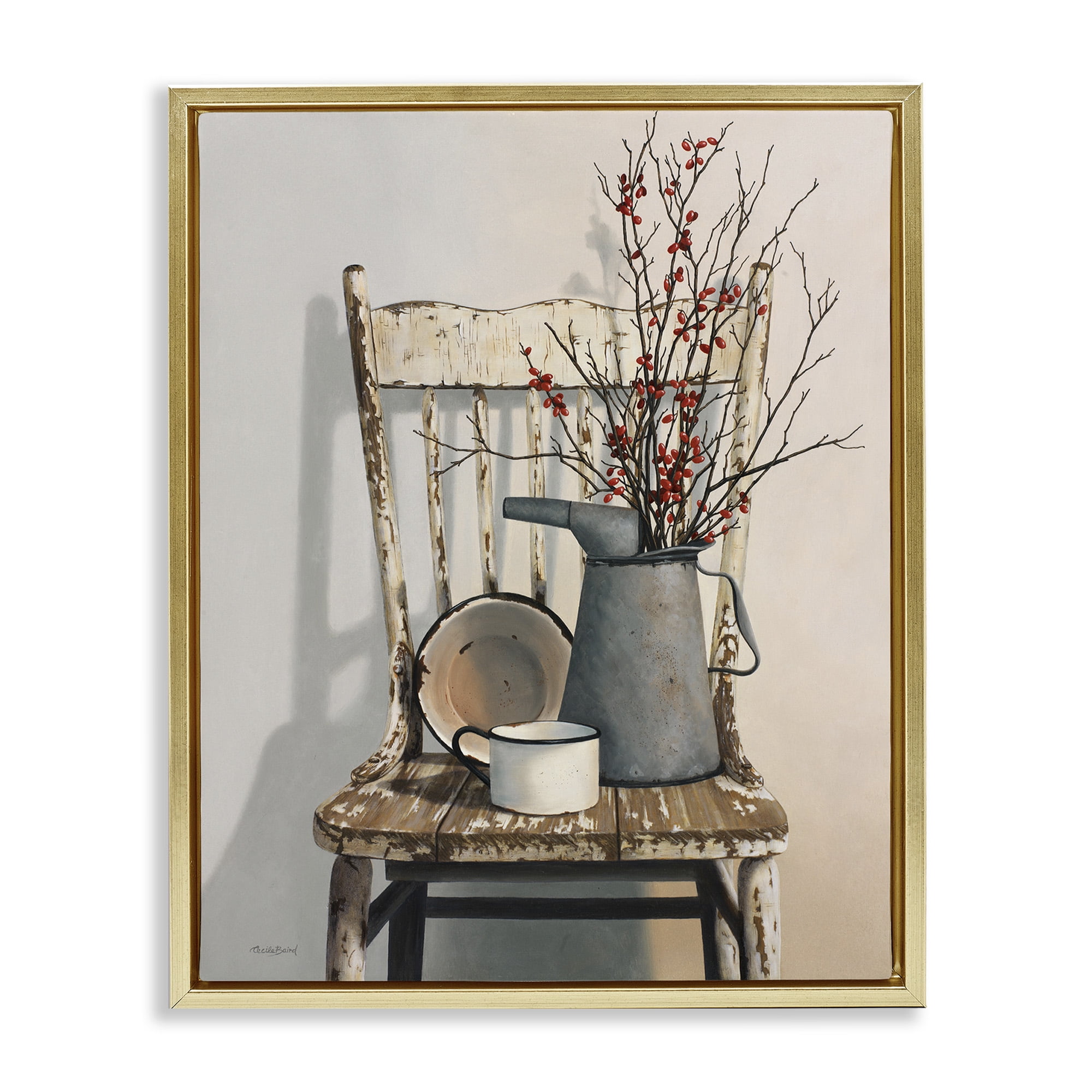 Stupell Industries Vintage Rustic Things Neutral Painting Metallic Gold Framed Floating Canvas ...
