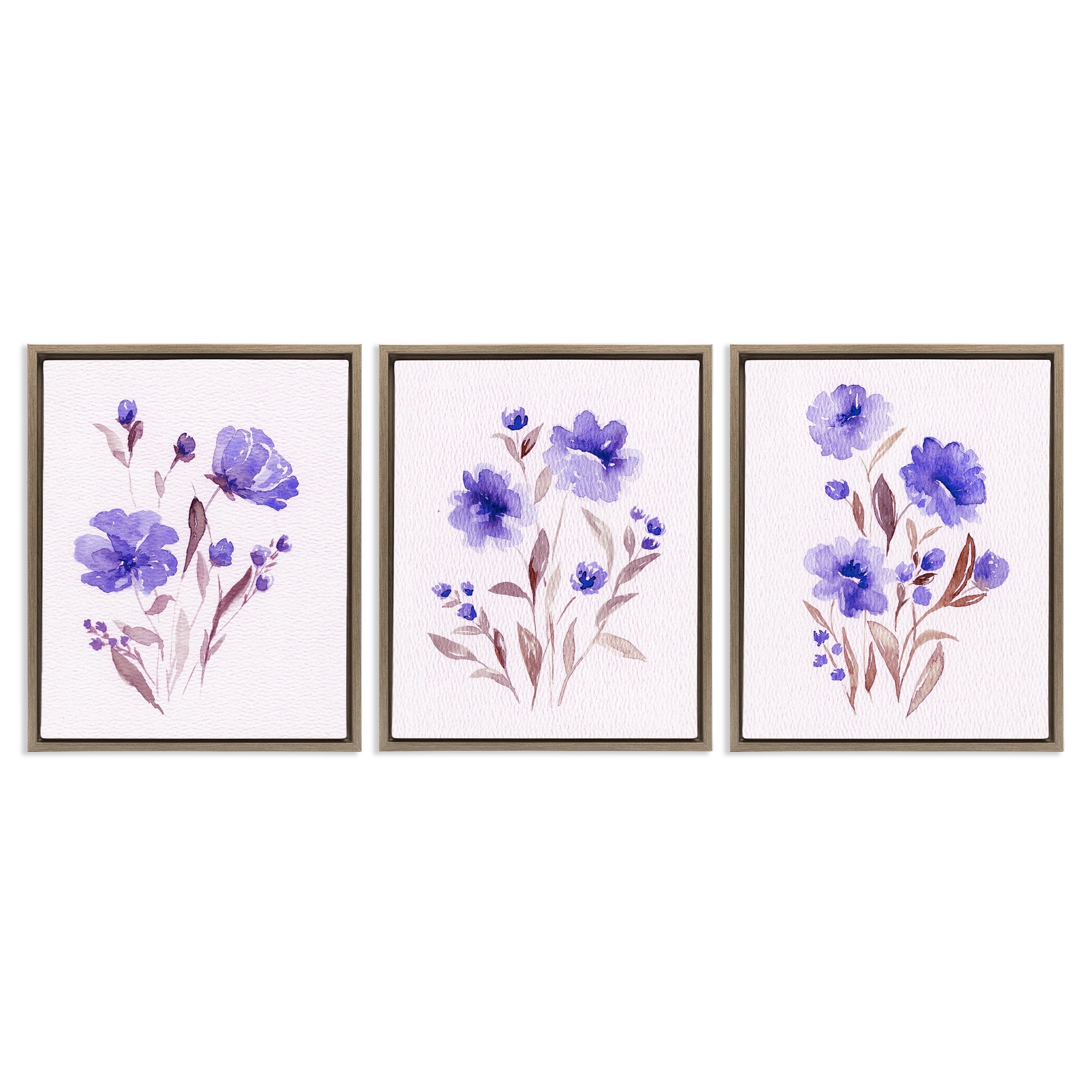 Stupell Industries Watercolor Purple Blooms 3 Piece Brown Framed ...