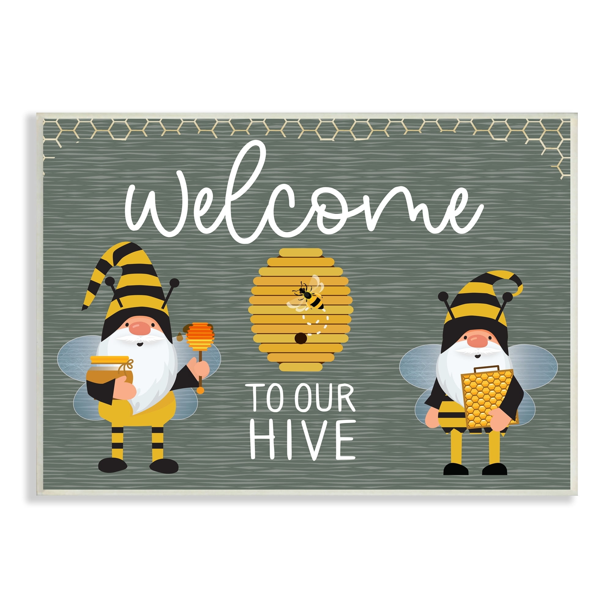 Stupell Industries Welcome To Our Hive Honey Bee Garden Gnomes Typography Wood Wall Art, 19 x 13 ...