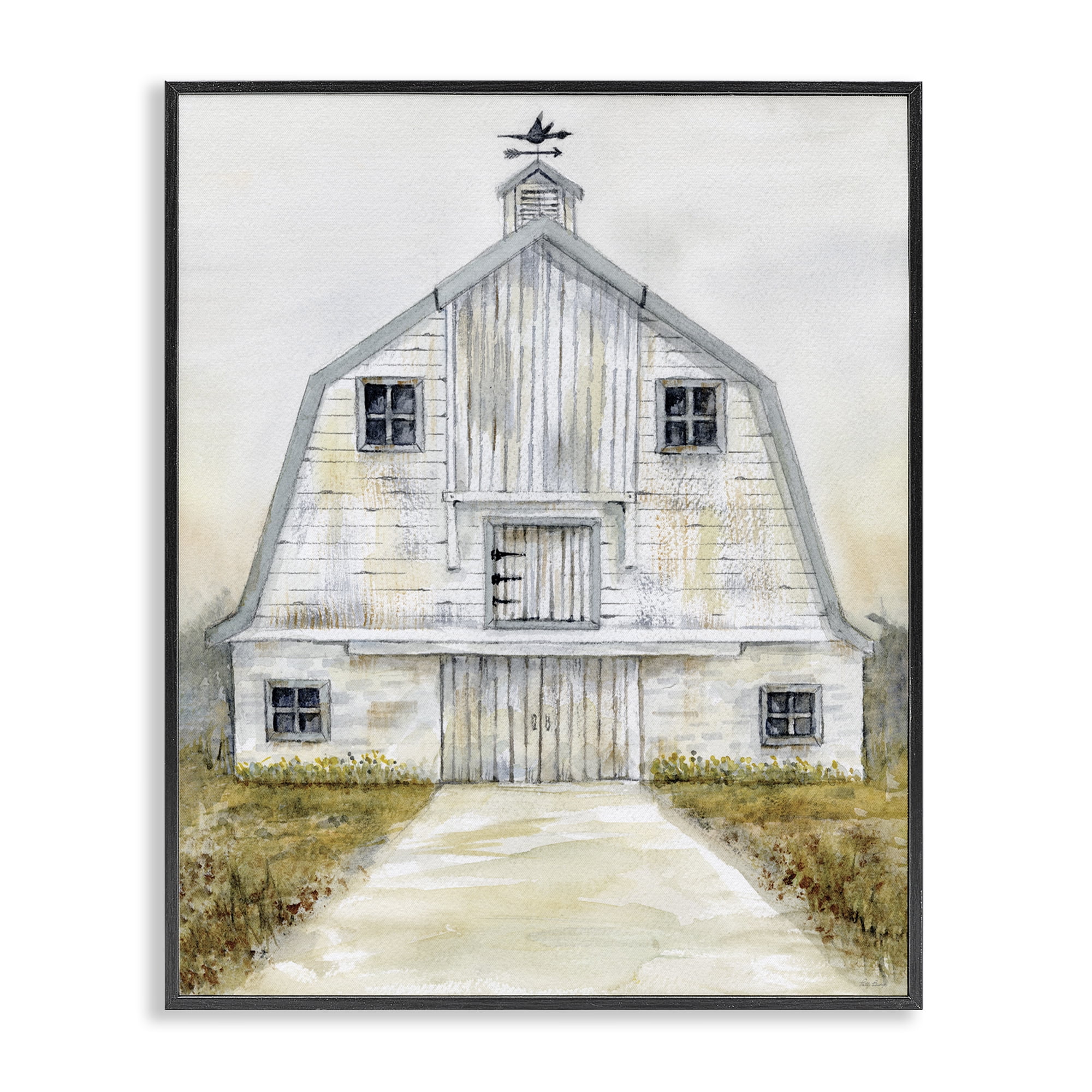 Stupell Industries White Barn Grey Trim Landscape Painting Black Framed ...