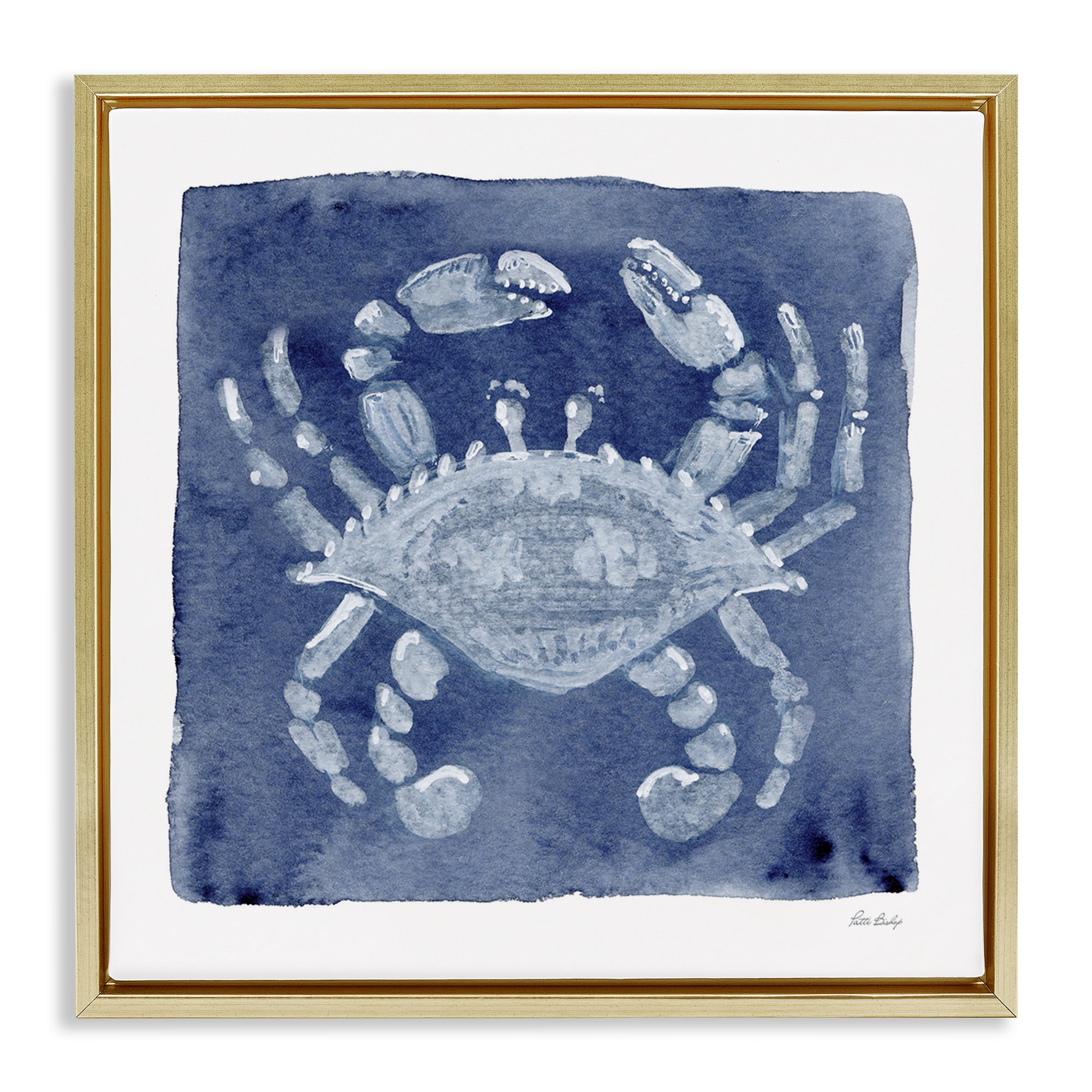 Stupell Industries White Crab on Indigo Gold Framed Floater Canvas Wall ...