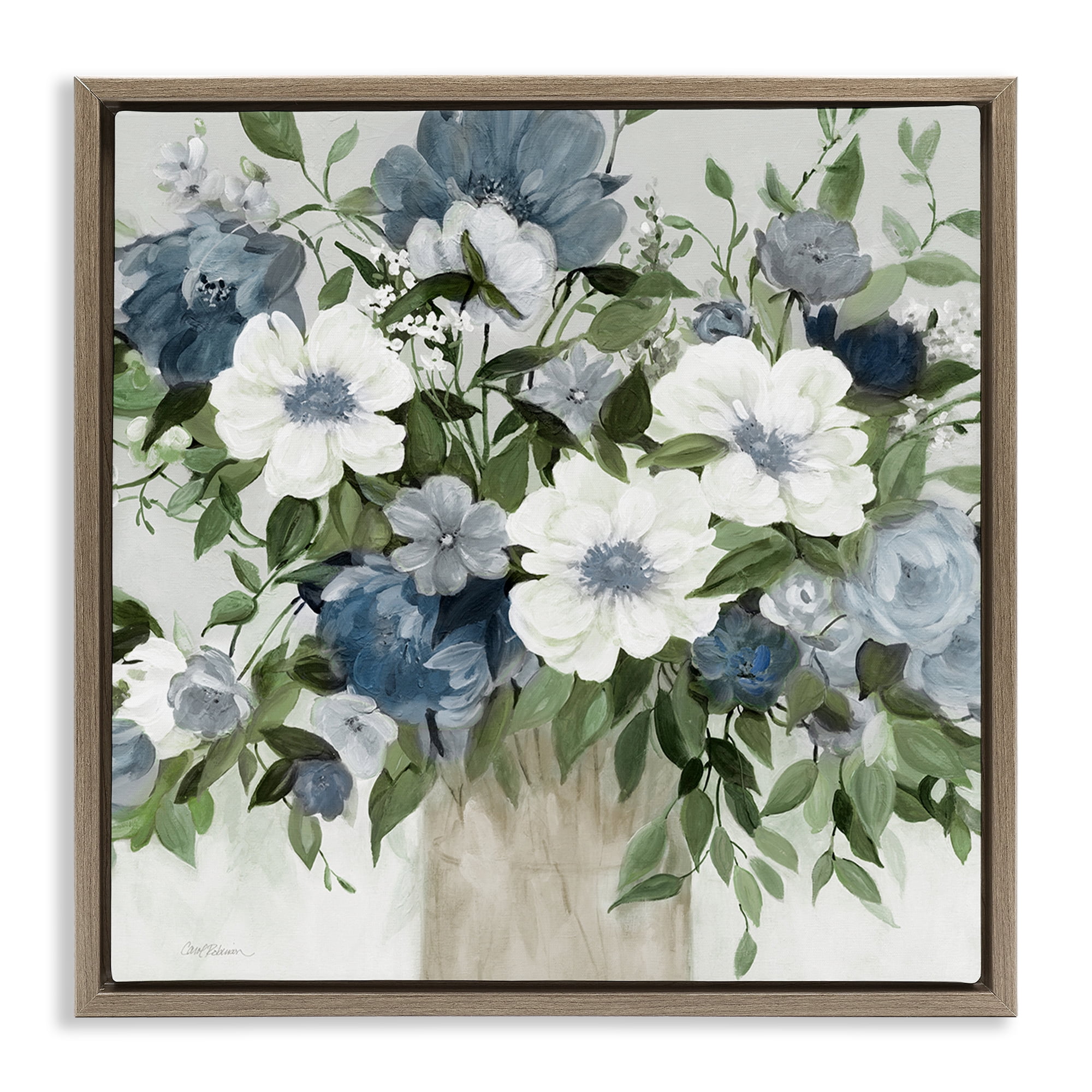 Stupell Industries White & Grey Blossoms Brown Framed Floater Canvas ...