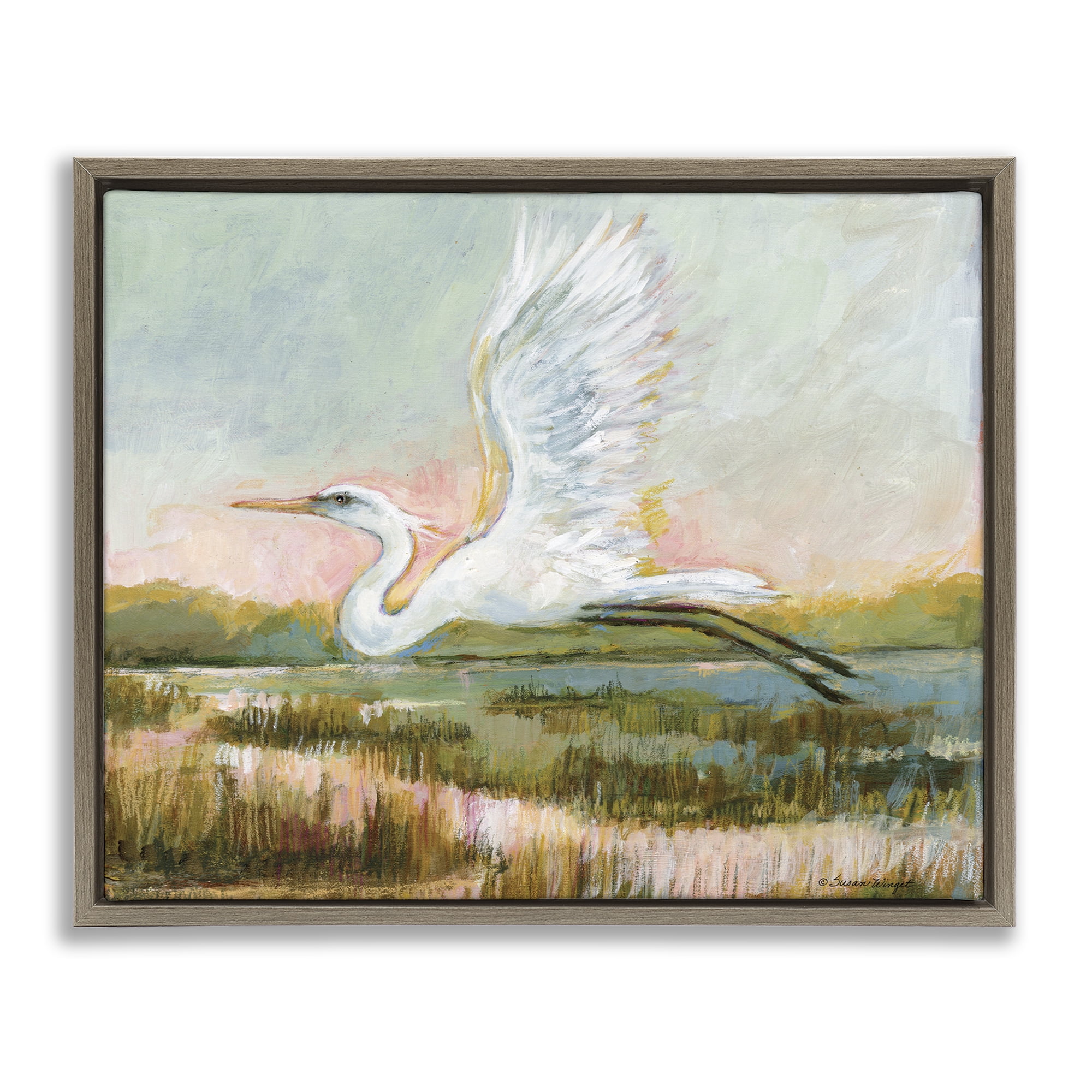 Stupell Industries White Heron Flying Brown Framed Floater Canvas Wall ...