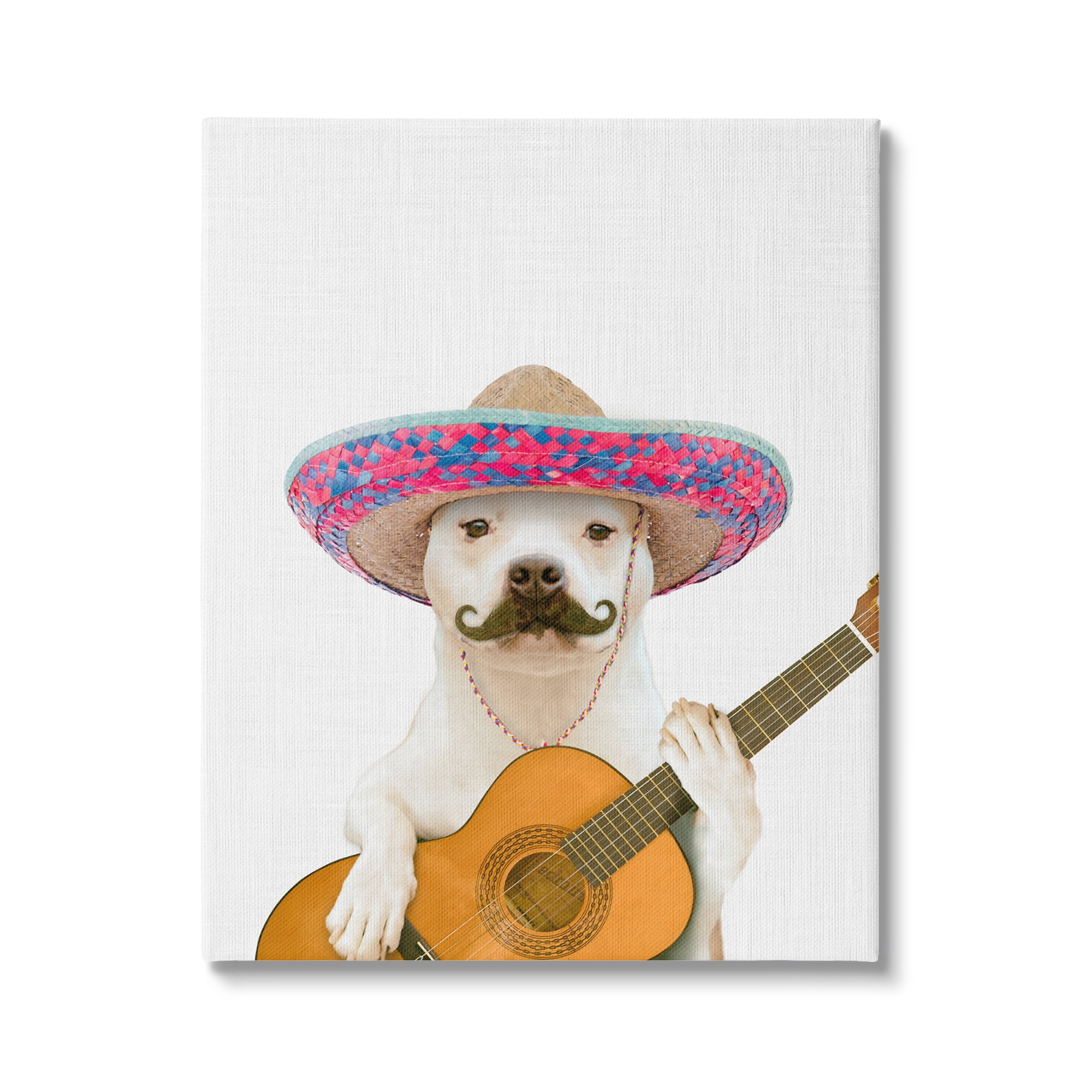 Stupell Industries White Pit Bull Dog Playing Guitar Mustache Sombrero ...