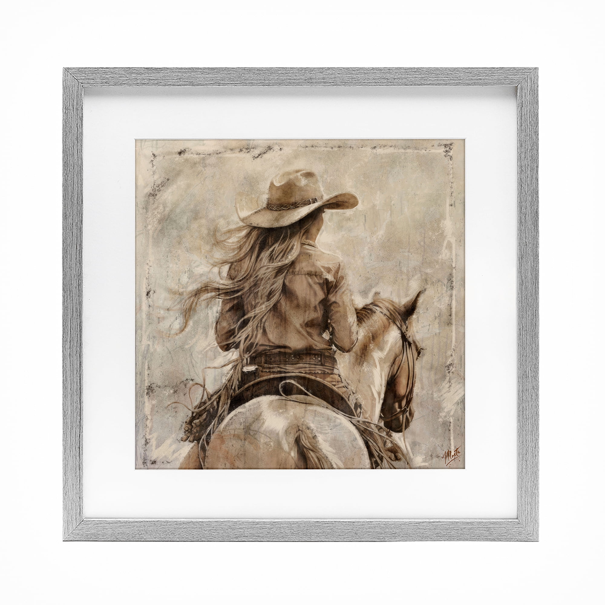 Stupell Industries Windblown Cowgirl on Horseback Gray Framed Print ...
