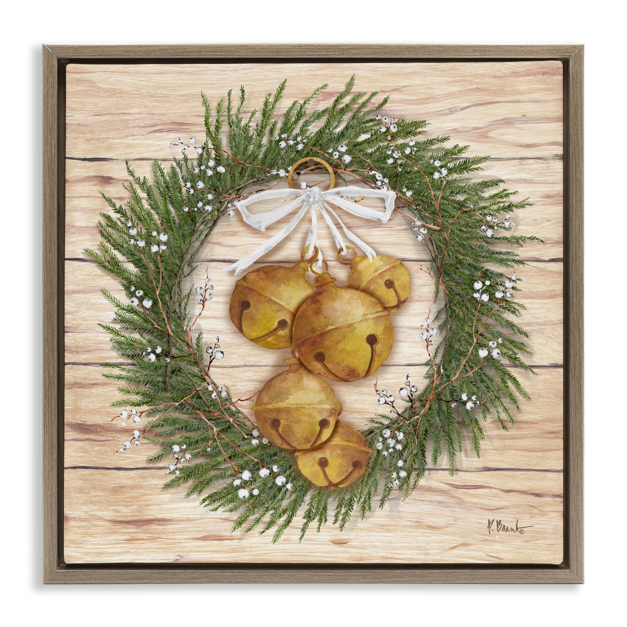 Stupell Industries Winter Bells Wreath Holiday Painting Brown Floater ...