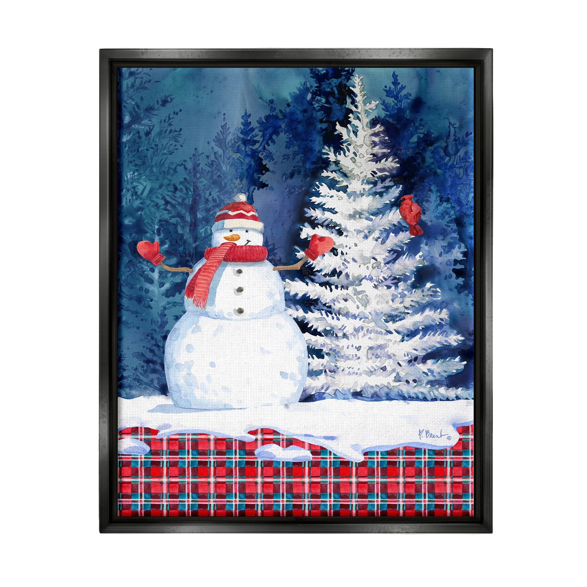 Stupell Industries Winter Snowman on Plaid Holiday Painting Black ...
