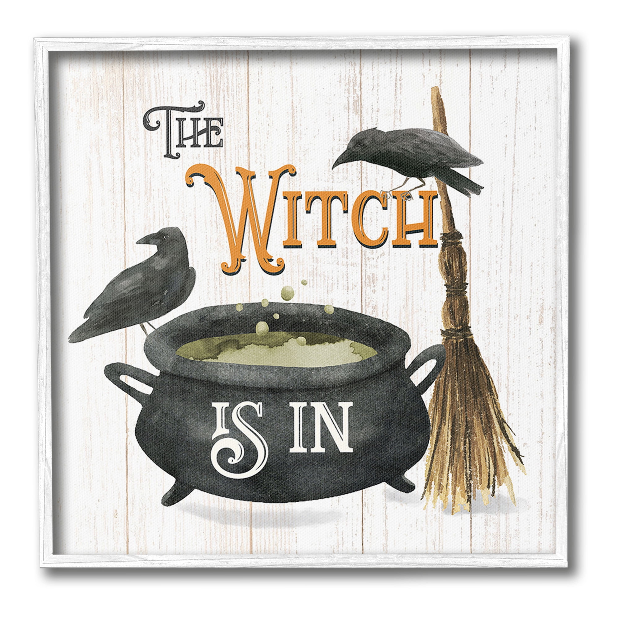 Stupell Industries Witch Cauldron & Crows Holiday Painting White Framed ...