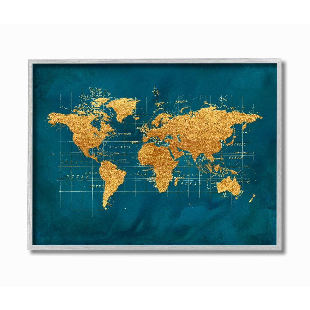 Stupell Industries World Map Gold Blue Texture Watercolor Chart Design Gray Framed Art Print ...