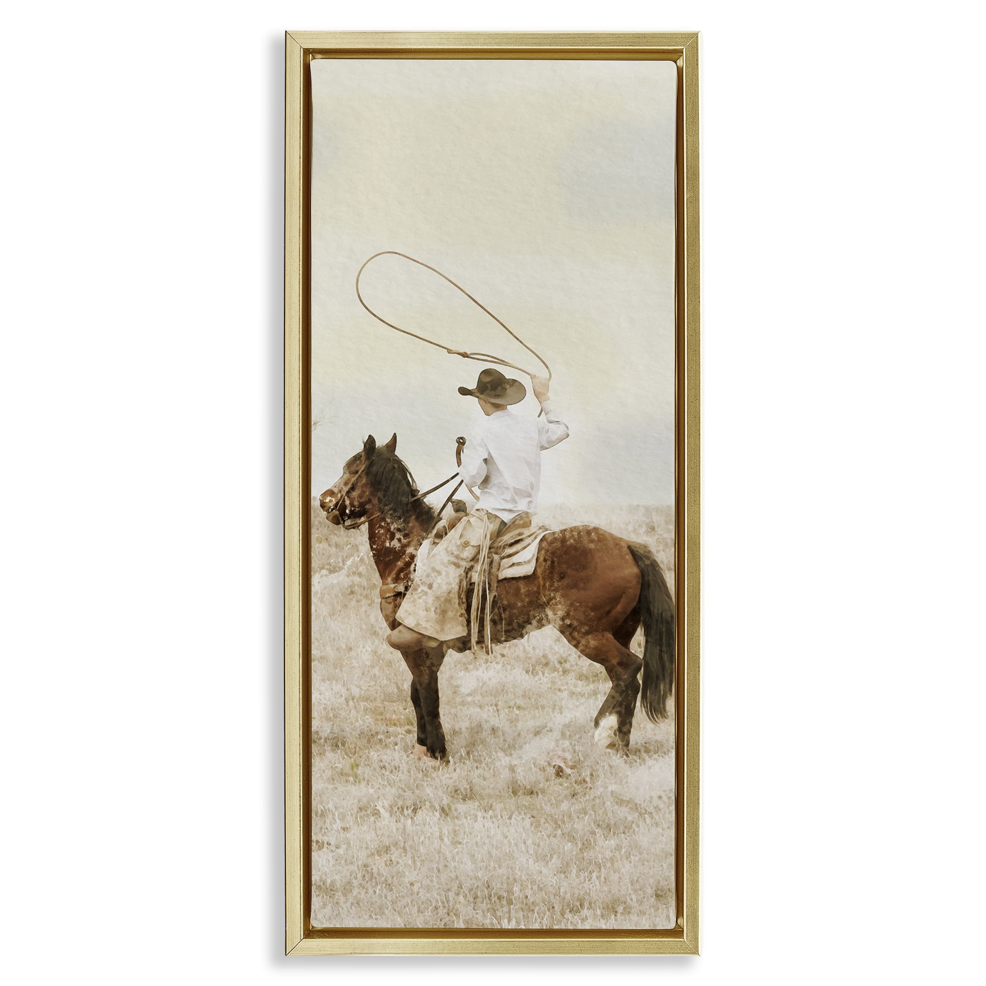 Stupell Industries Wrangling Cowboy Lasso Gold Framed Floater Canvas ...