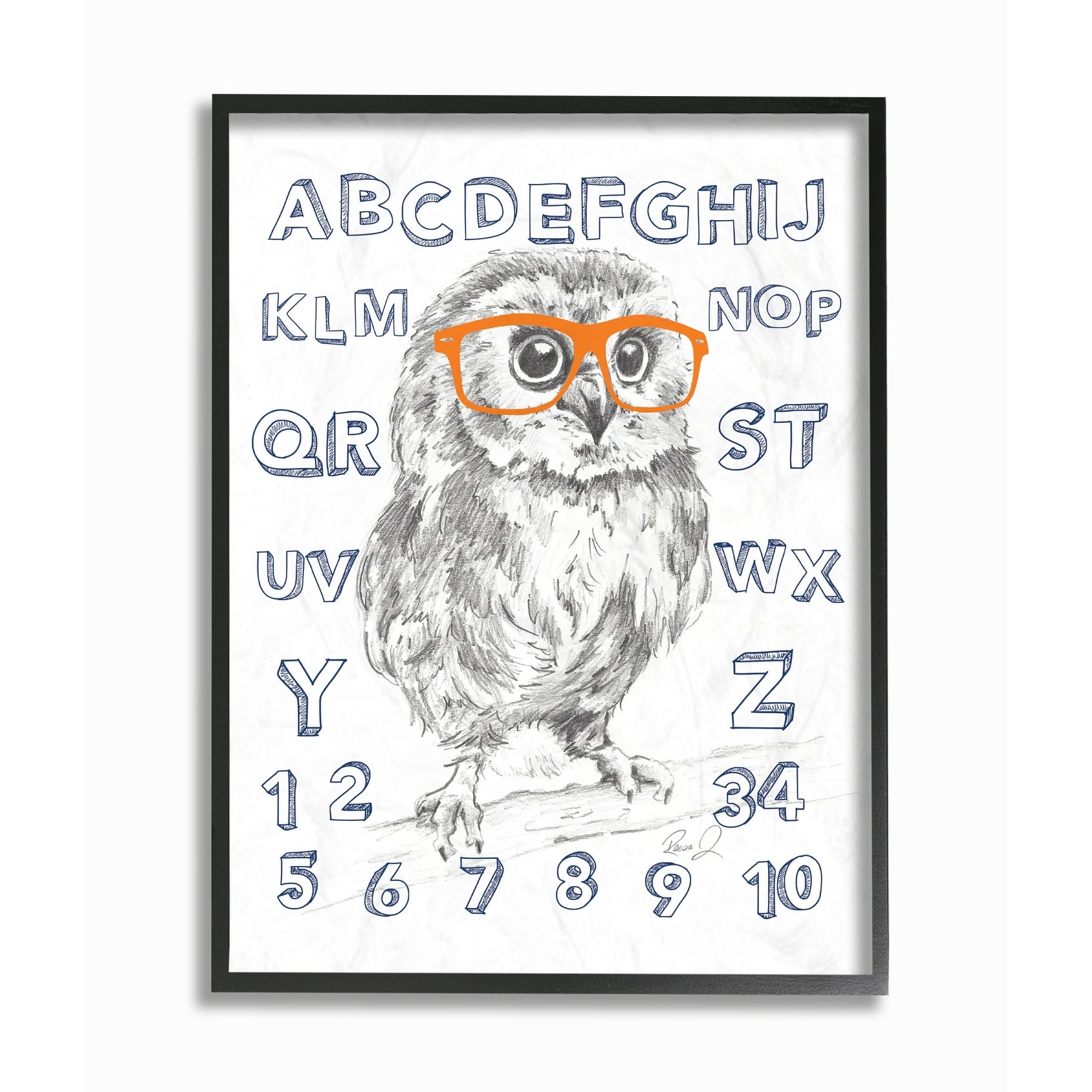 Stupell Sketch Alphabet Studious Owl Drawing, Framed Giclee, 11 x 1.5 x ...