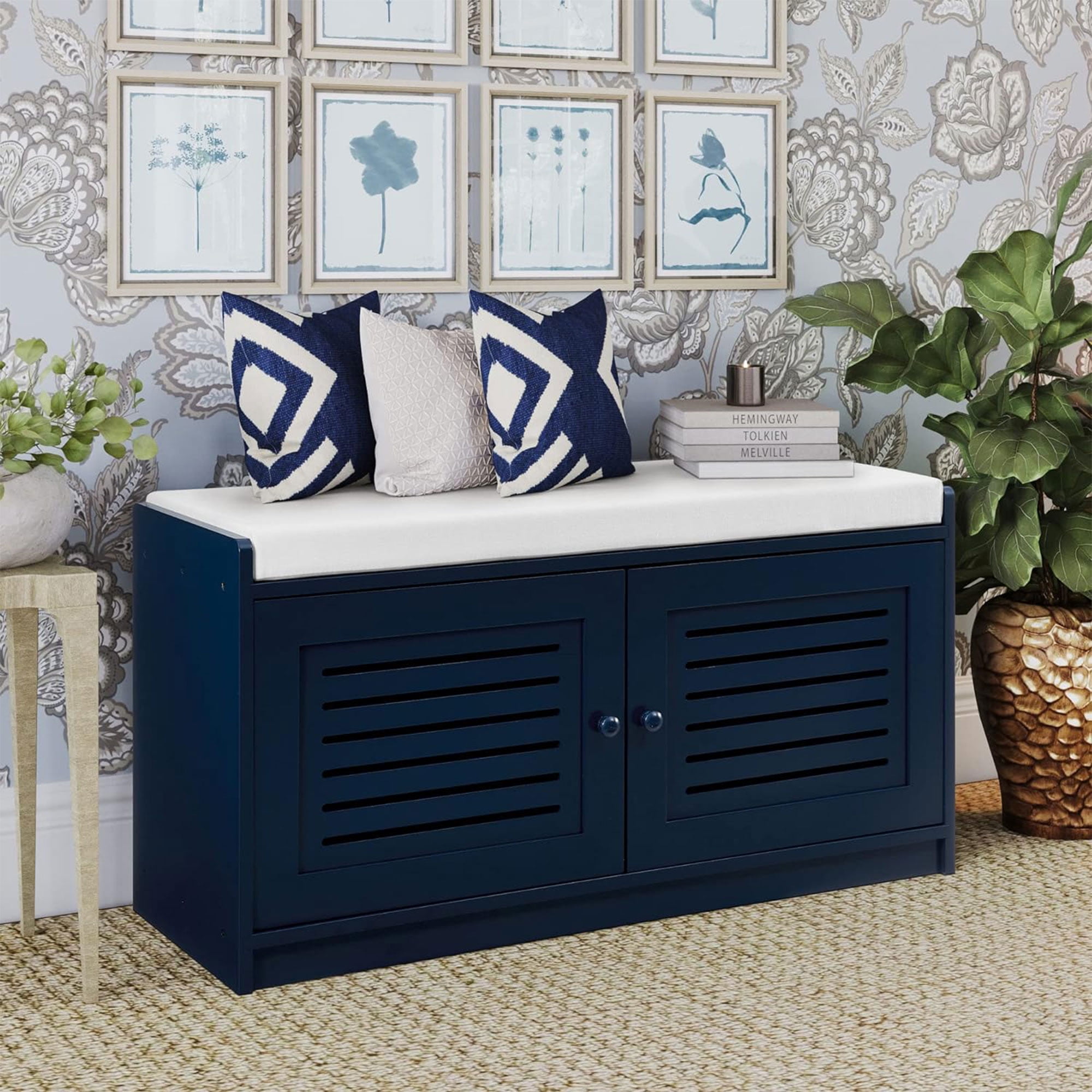 Sturdis Antique Blue Shoe Storage Bench with Cushion and Window Seat ...