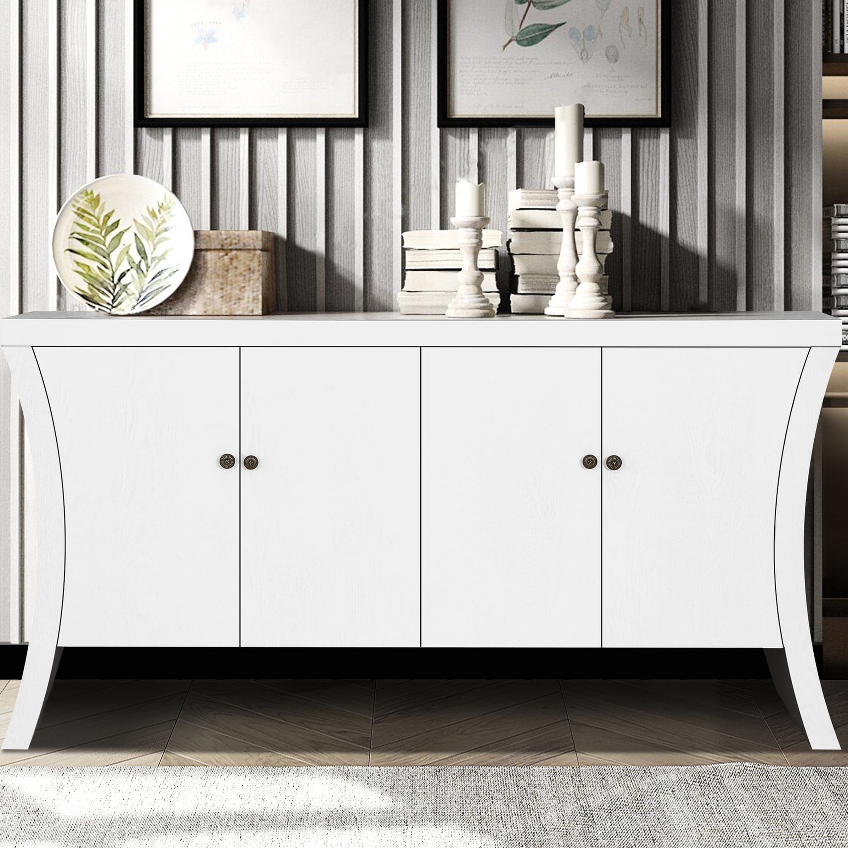 Sturdy 4-Door Cabinet with Shelves | In Neutral Farmhouse Style ...