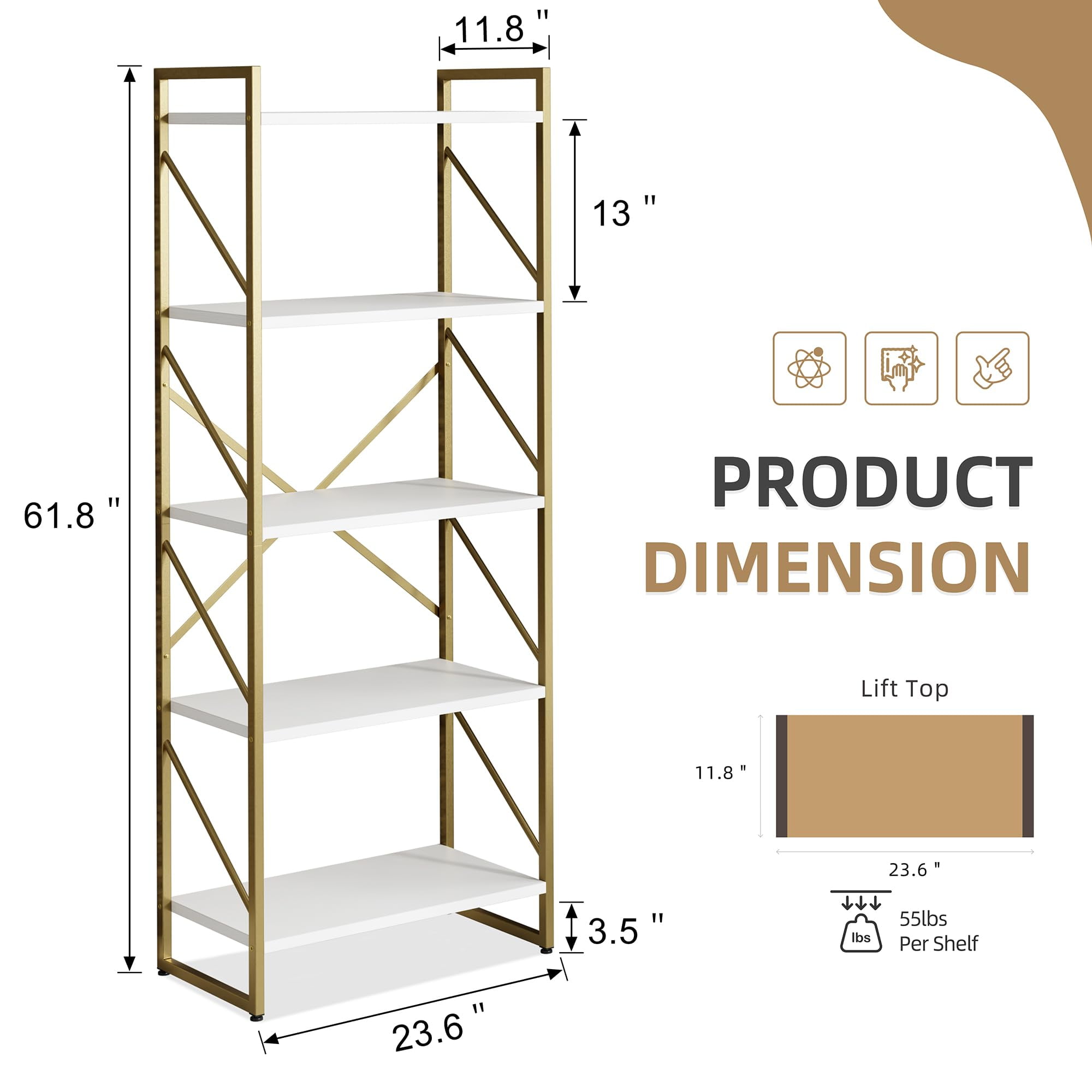 Sturdy 5 Shelf Bookshelf Industrial Style, Modern Bookcase for Living ...