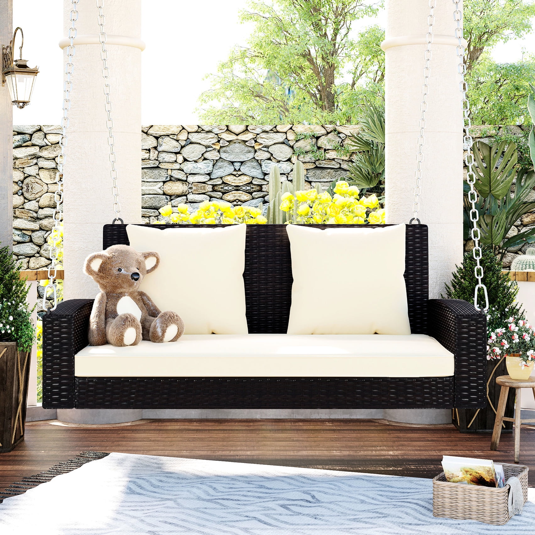 Sturdy Brown Wicker Swing for 2 People / Stable Seating on Porch or ...