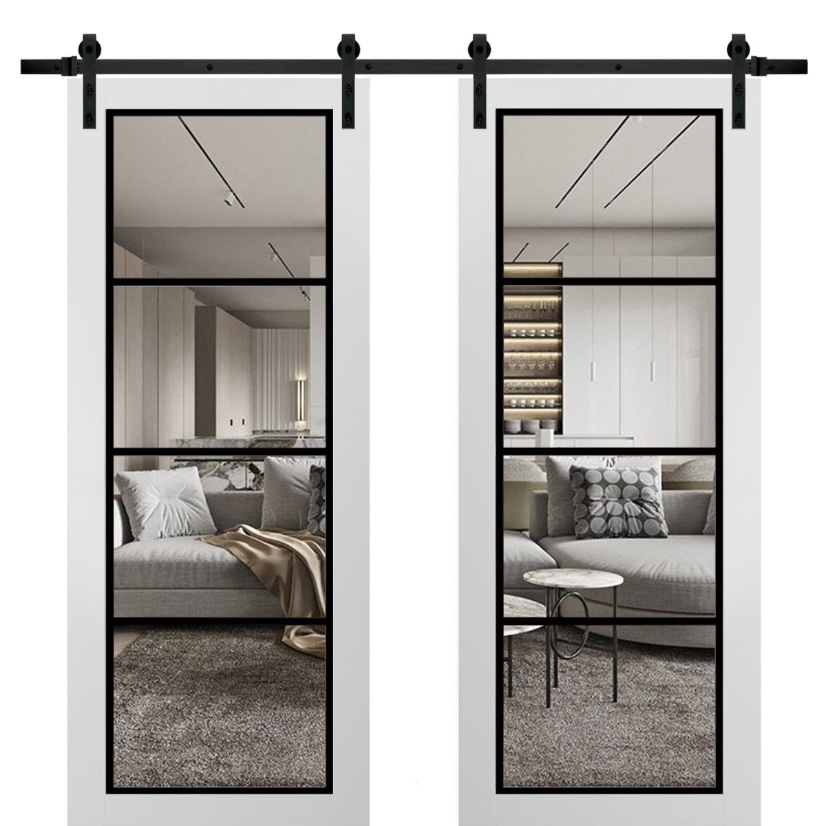 Sturdy Double Barn Door 36 x 80 inches | Lucia 2466 White Silk Clear ...