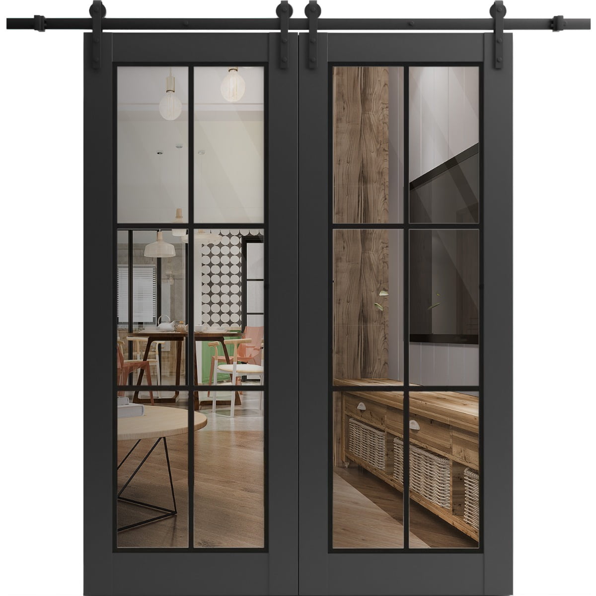 Sturdy Double Barn Door 60 x 96 inches | Lucia 2366 Matte Black Clear ...