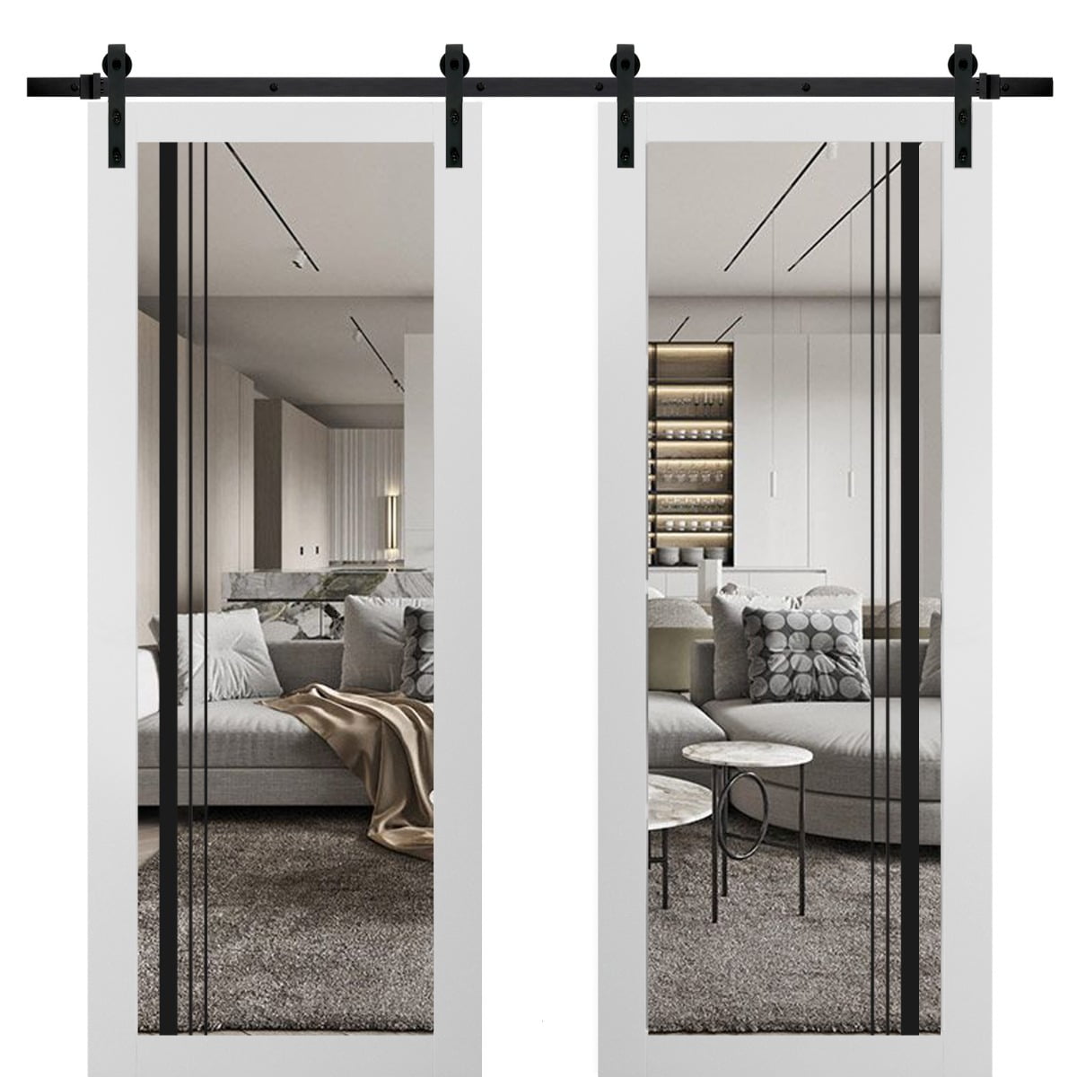 Sturdy Double Barn Door 60 x 96 inches | Lucia 2566 White Silk Clear Glass | Stainless Steel ...