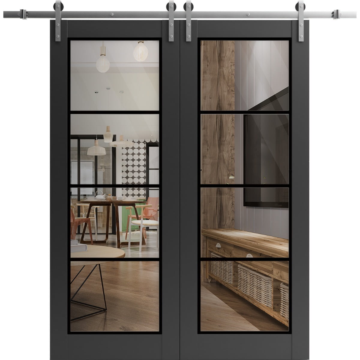Sturdy Double Barn Door 72 x 96 inches | Lucia 2466 Matte Black Clear ...