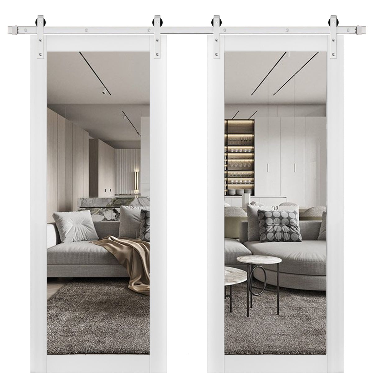 Sturdy Double Barn Door with Clear Glass | Lucia 2166 White Silk ...