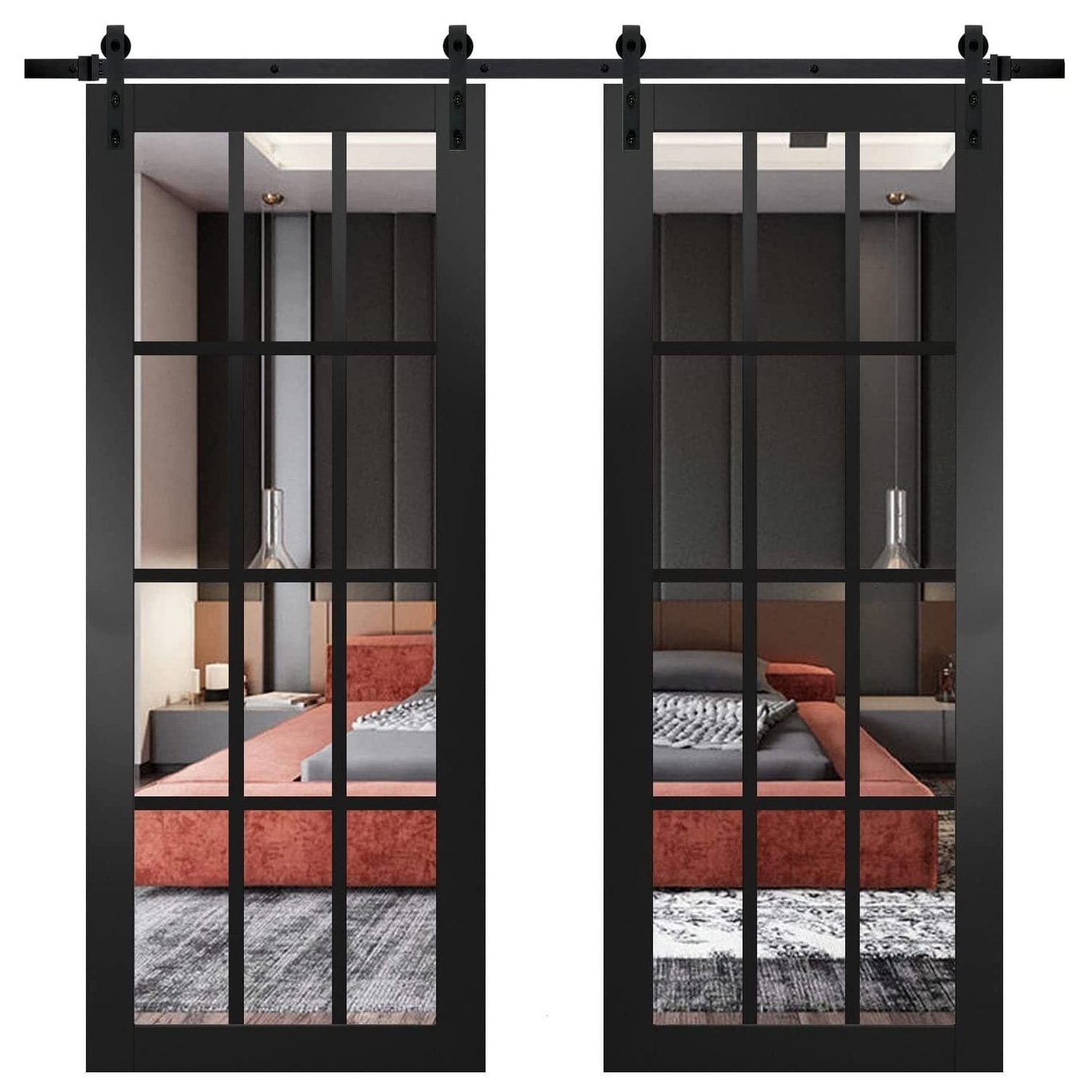 Sturdy Double Barn Door with | Felicia 3355 Matte Black with Clear ...
