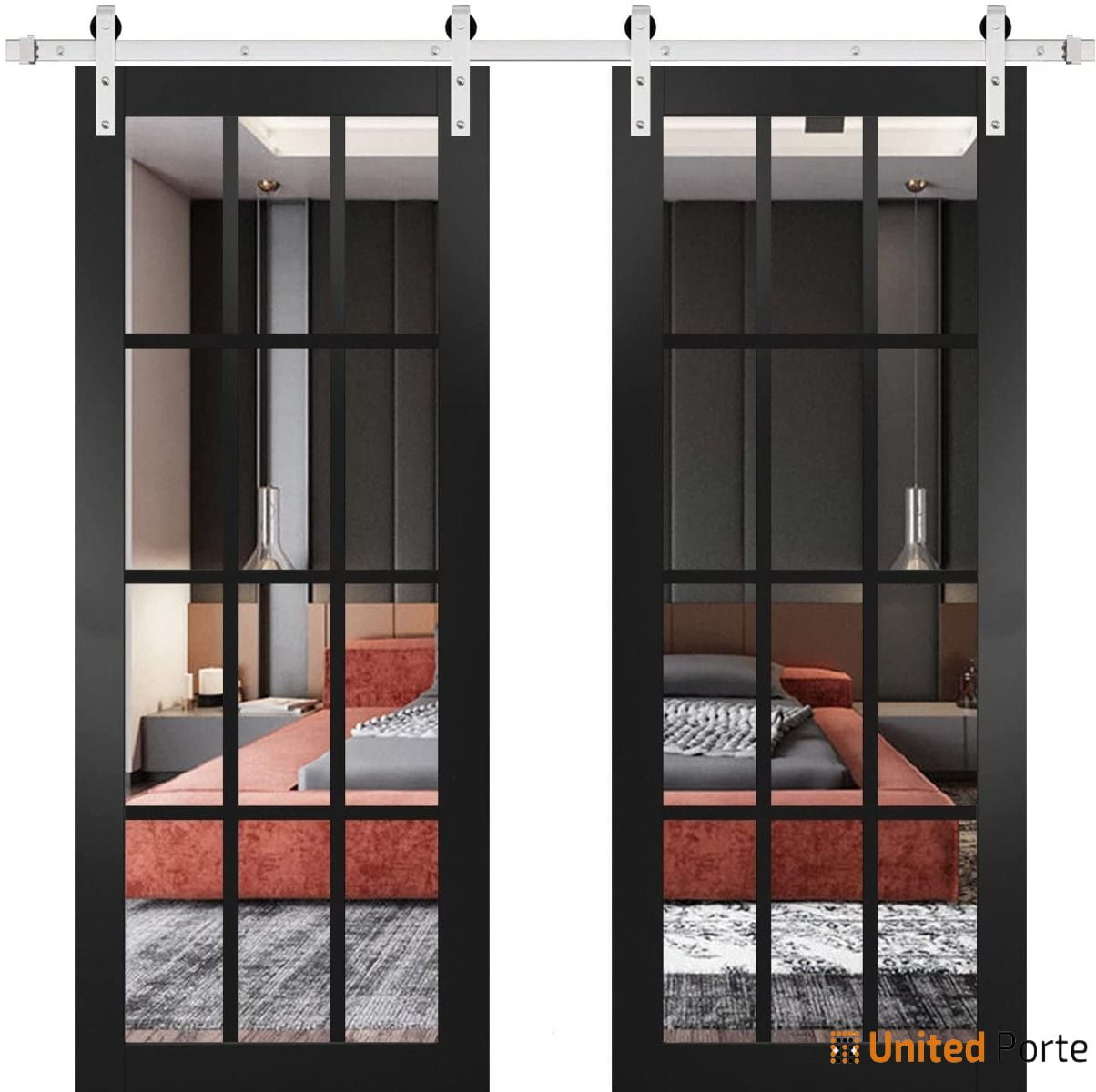Sturdy Double Barn Door with | Felicia 3355 Matte Black with Clear ...