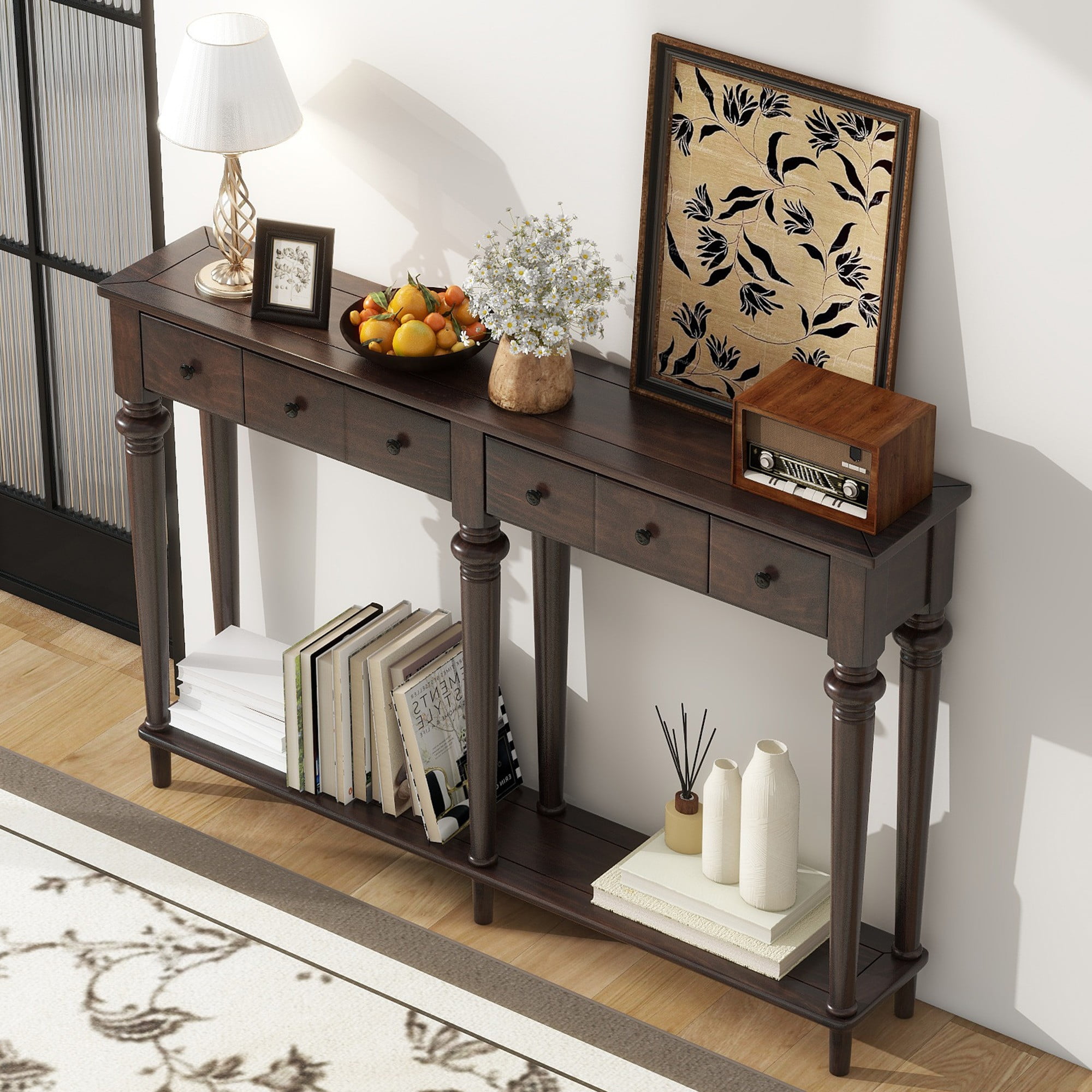 Sturdy Entryway Table with 4 Drawers, Retro Console Table with Open ...