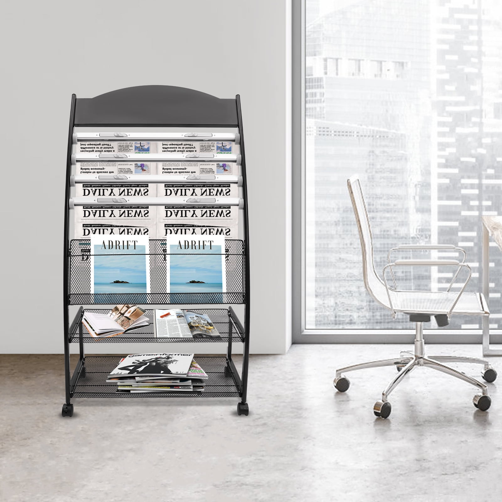 Sturdy Foldable Magazine Rack with 4 Wheels, High-capacity Net Baskets ...