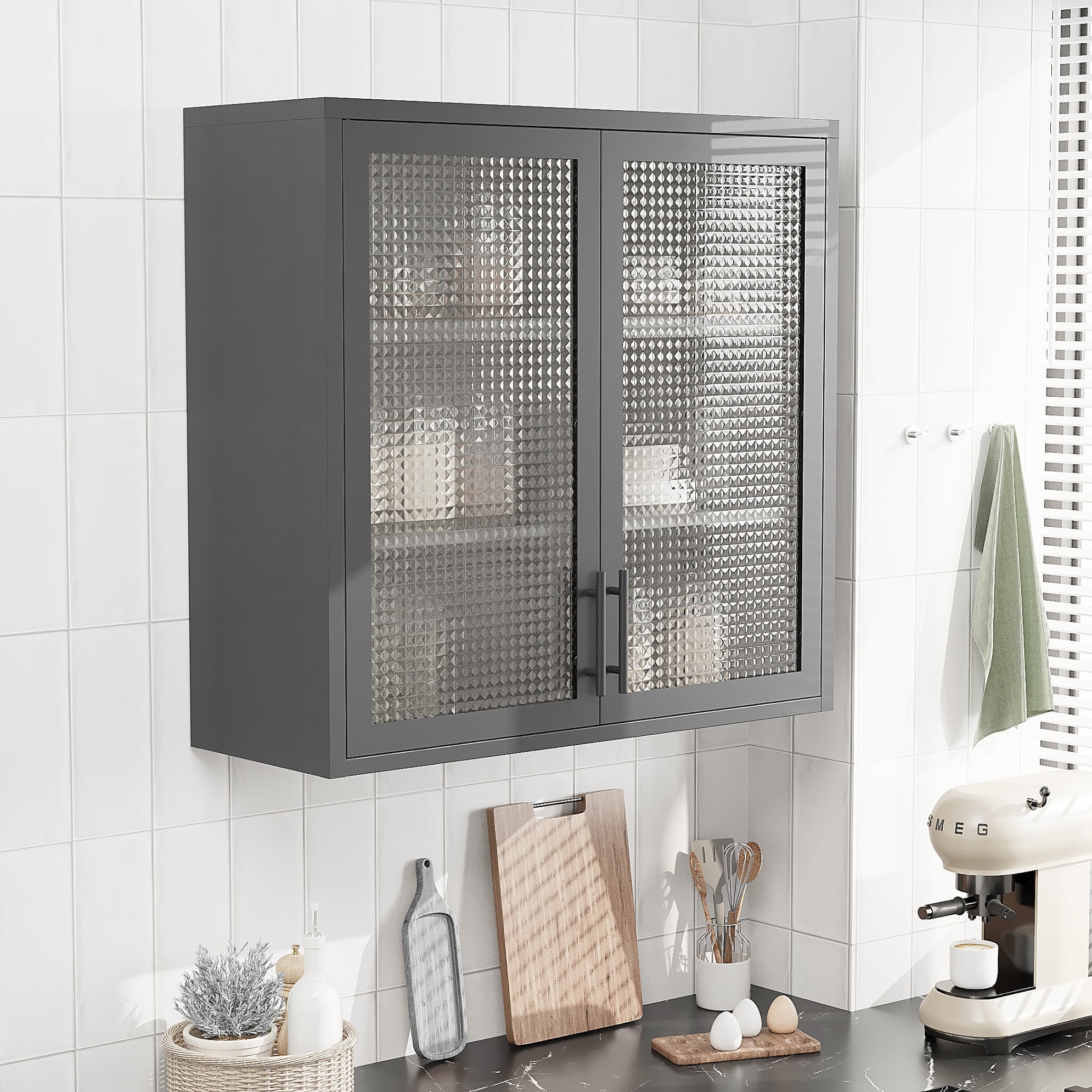 Sturdy Glass Wall Cabinet with Adjustable Shelves, Tempered Glass Doors ...
