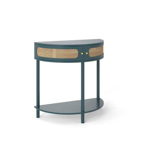 Sturdy Half Moon Design End Table with Sliding Rattan Door,Elegant Semi ...