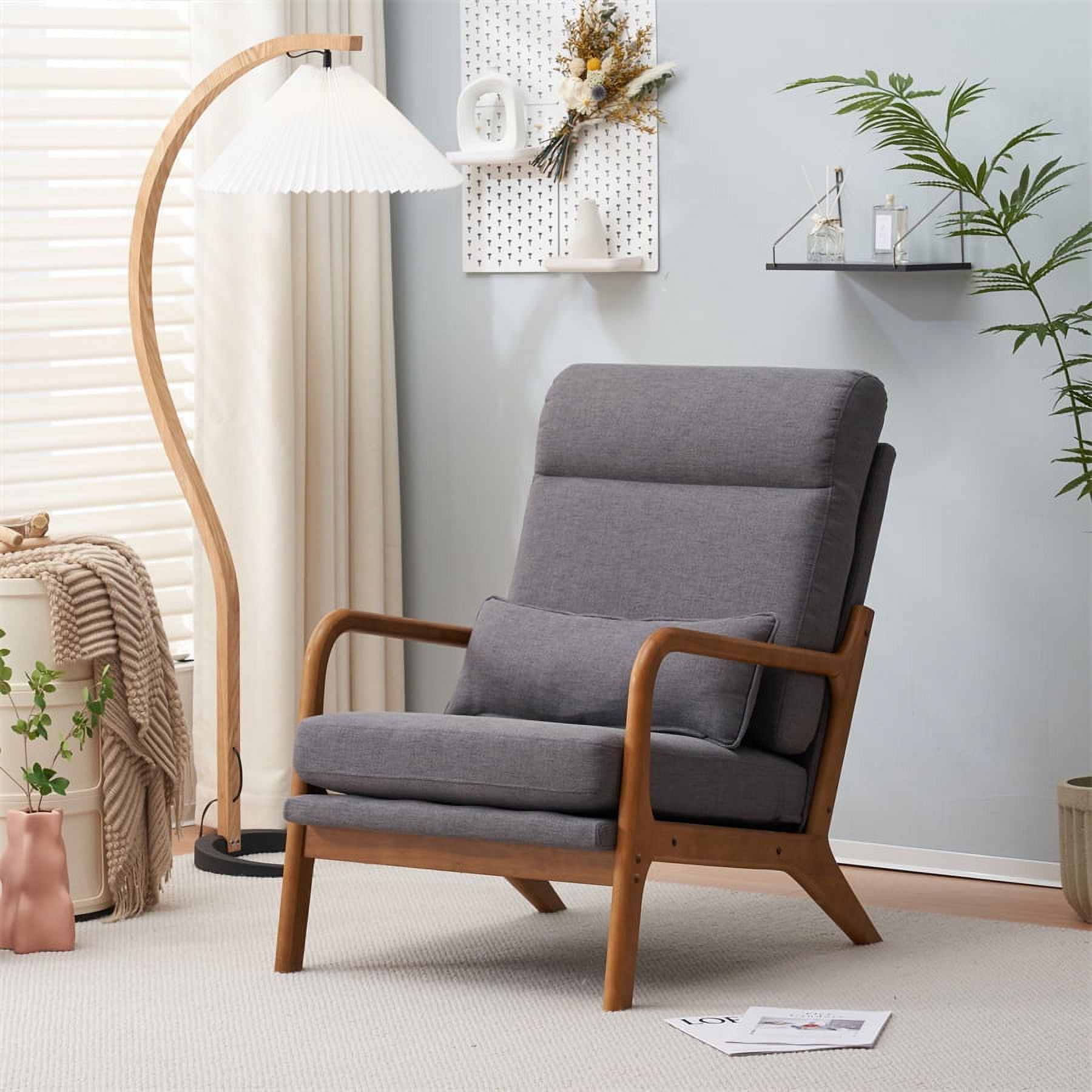 Sturdy Iron Frame Chair, Linen Accent Chair with Solid Wood Armrest and ...