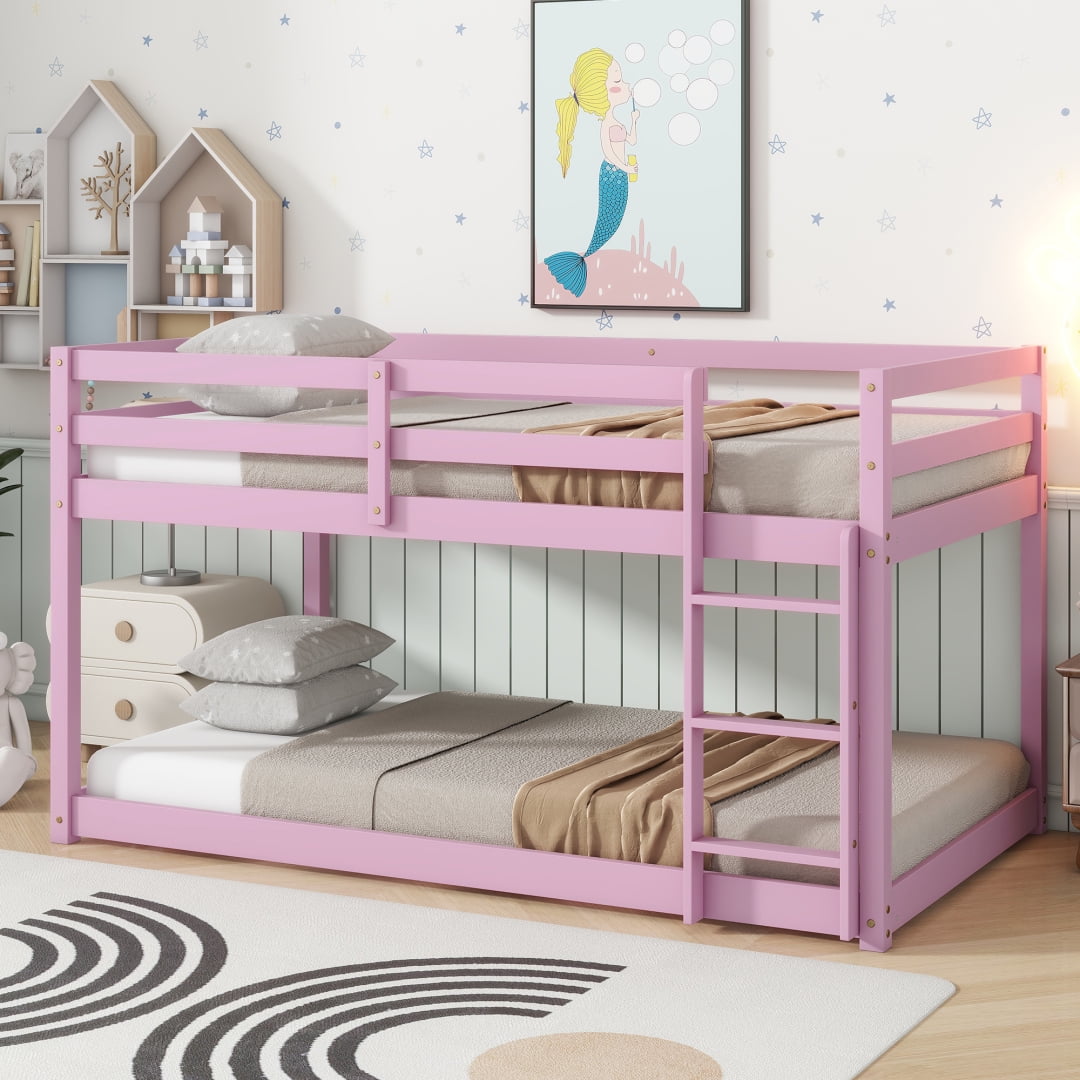 Sturdy Low Twin Over Twin Bunk Bed with Guardrails and Ladder for Kids ...
