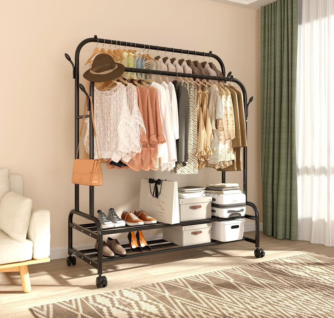 Sturdy Metal Double Clothes Rack With Wheels, Portable Clothing Rack ...