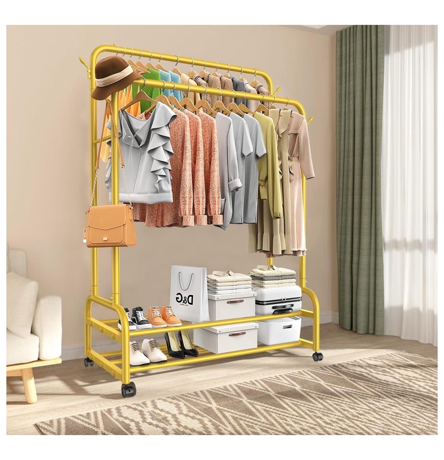 Sturdy Metal Double Rodding Clothes Rack With Wheels, Portable Clothing ...