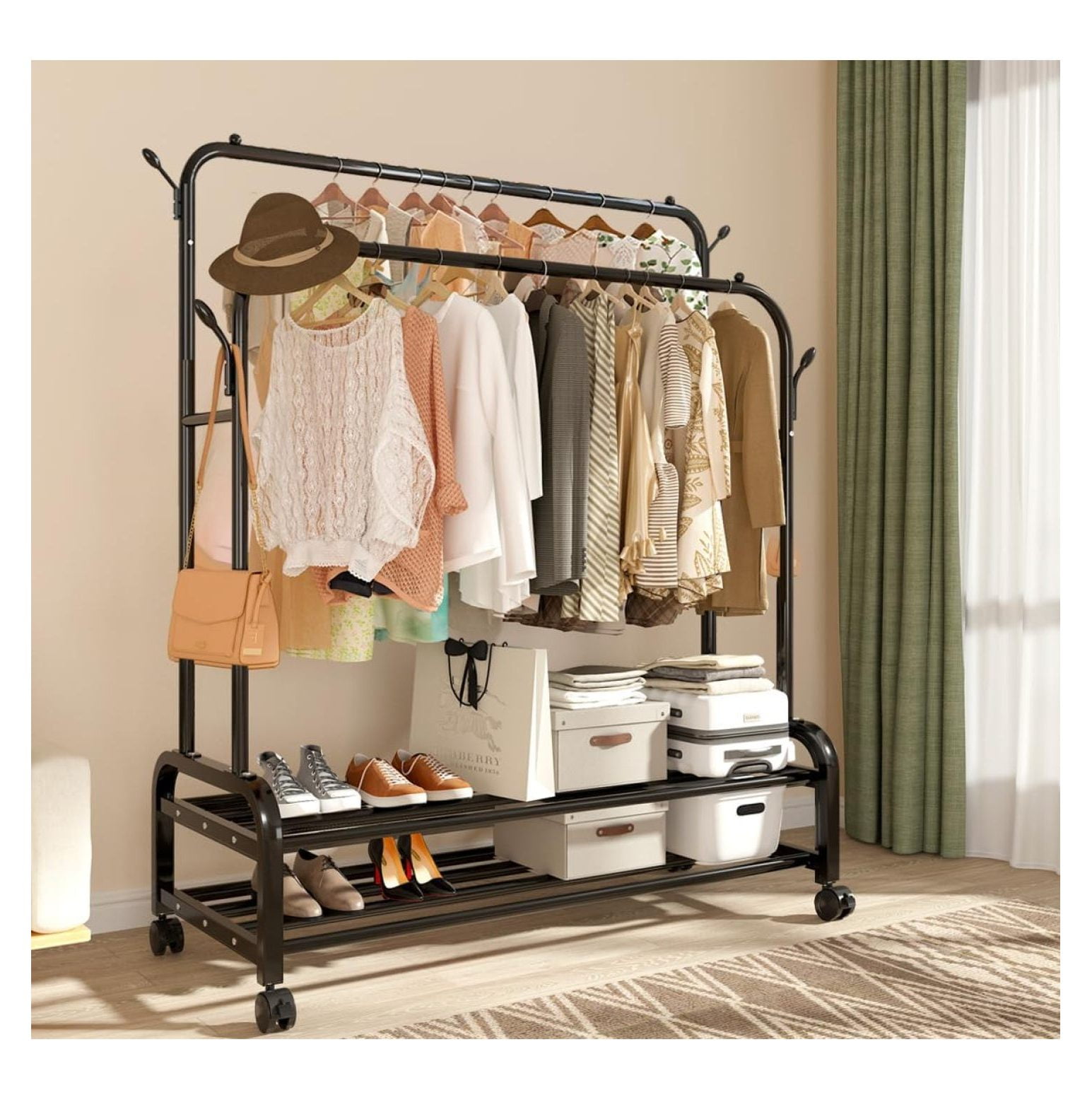 Sturdy Metal Double Rodding Clothes Rack With Wheels, Portable Clothing ...