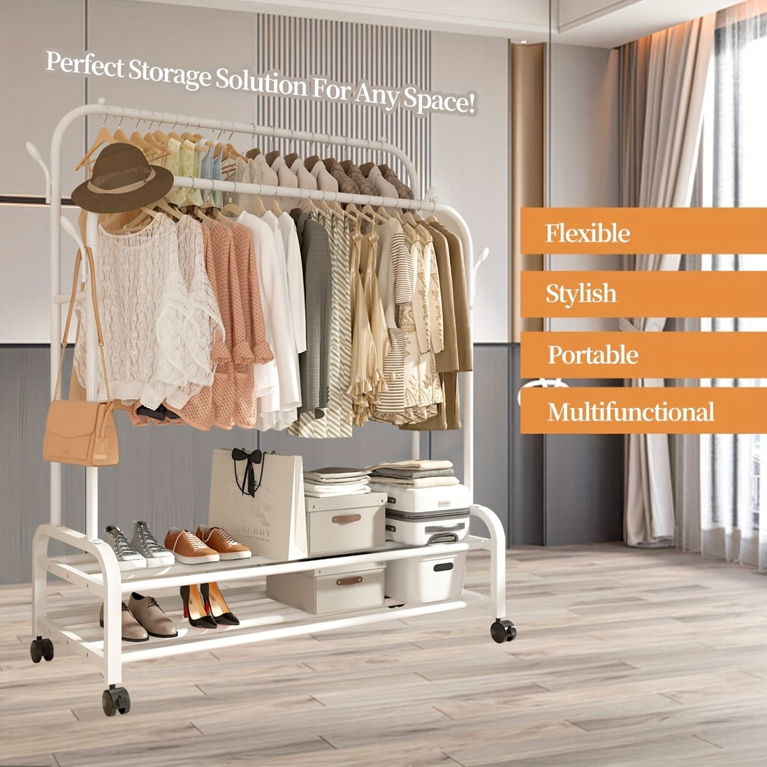 Sturdy Metal Double Rodding Clothes Rack With Wheels, Portable Clothing ...